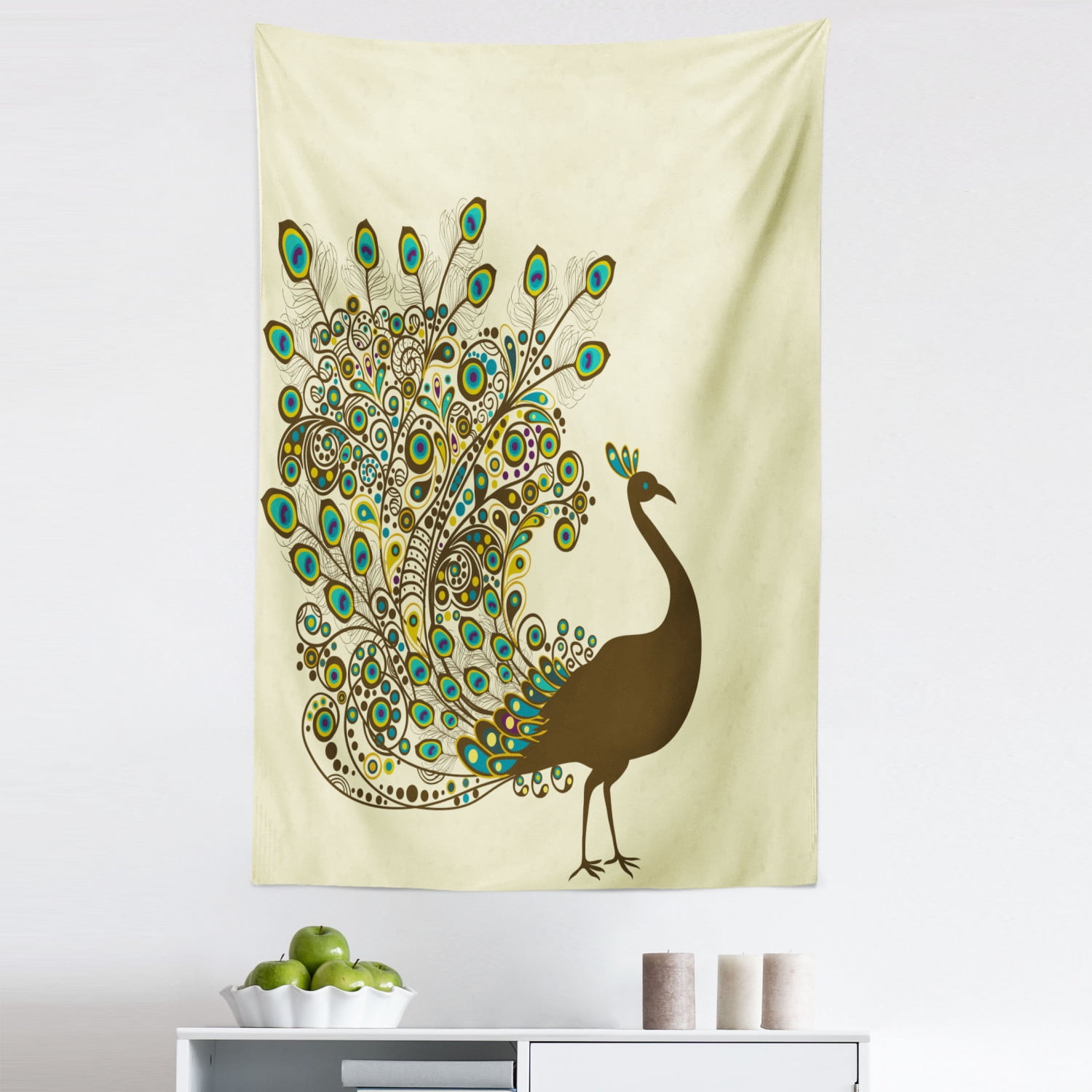 Peacock Tapestry, Detailed Peacock Bird Profile Wings Open on Beige ...
