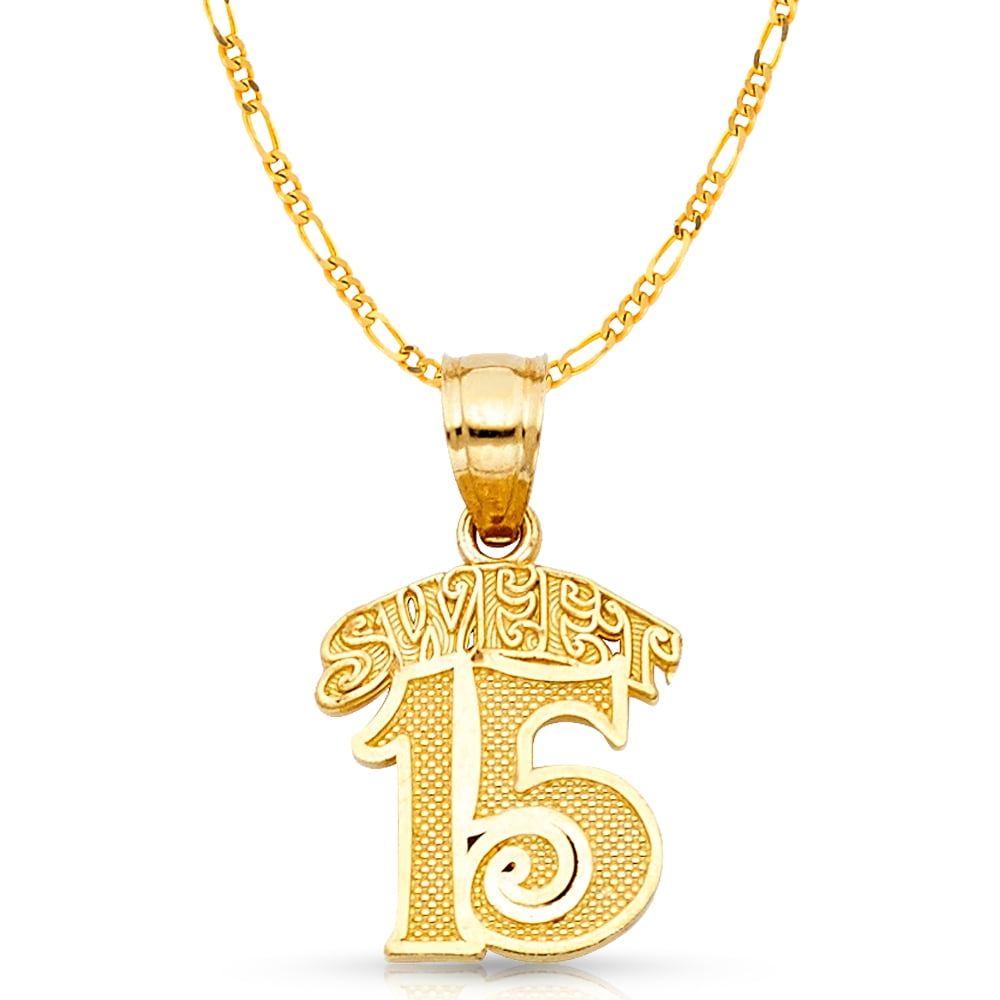 14K Yellow Gold 15 Years Quinceanera Years Charm Pendant with 2.3mm ...