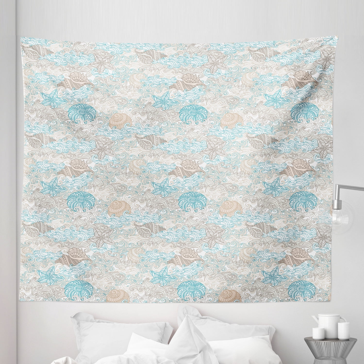 Nautical Tapestry, Pastel Toned Sea Shell Starfish Mollusk Seahorse ...