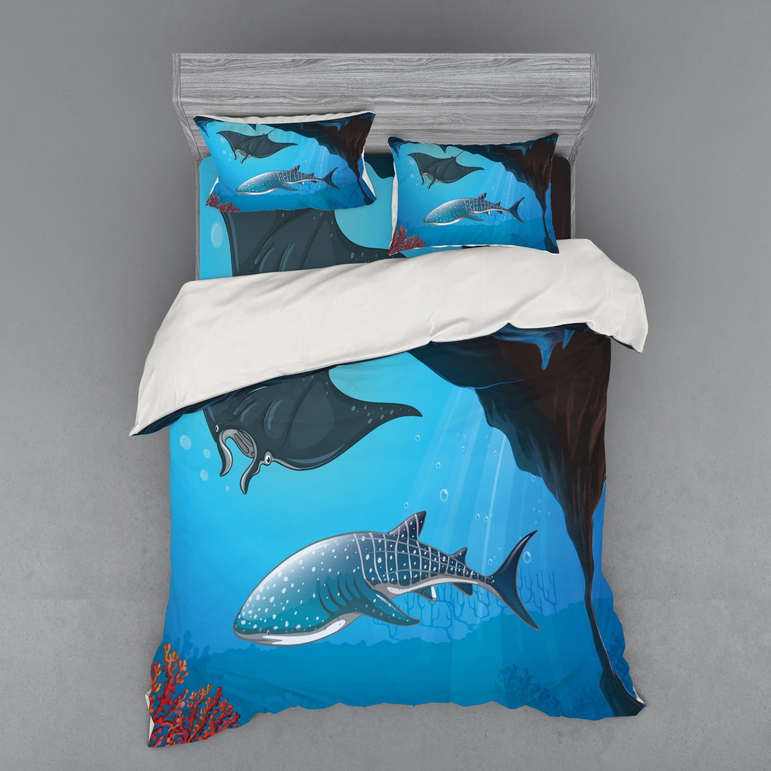 Shark Duvet Cover Set, Mammal Deep Water Stingray Coral Reefs Algae ...