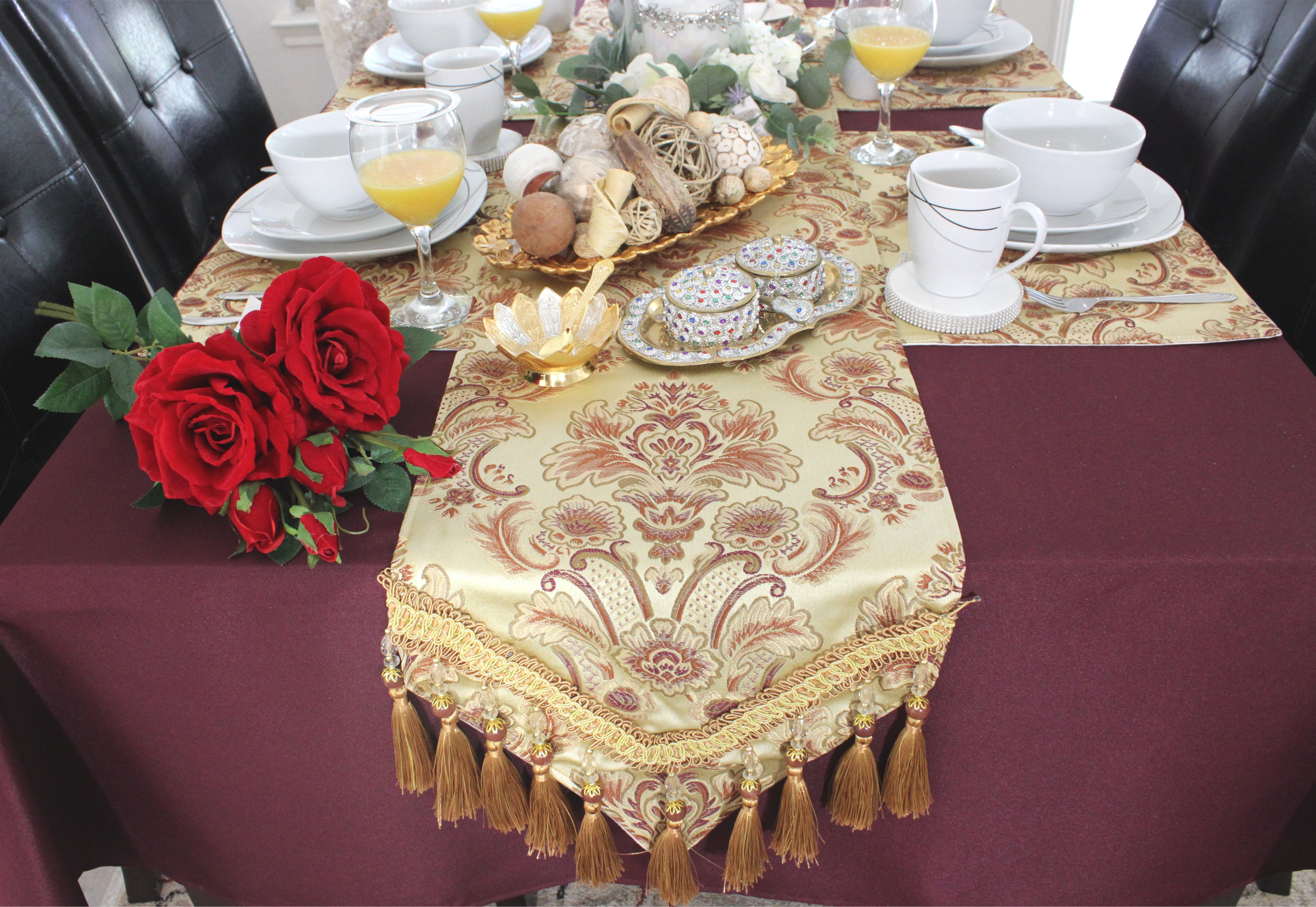 Tulla Traditional Floral Design Table Runner with multi Tassels ...