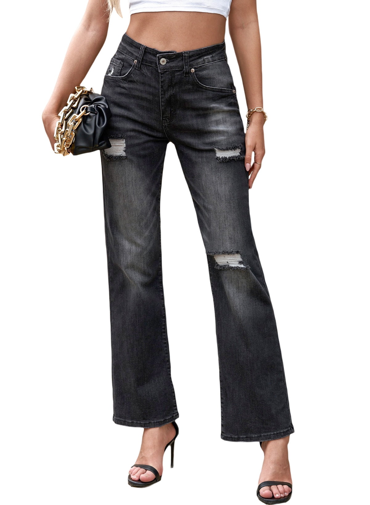 HOTAPEI Women Loose Ripped Boyfriend Wide Leg Jeans High Waist Denim ...