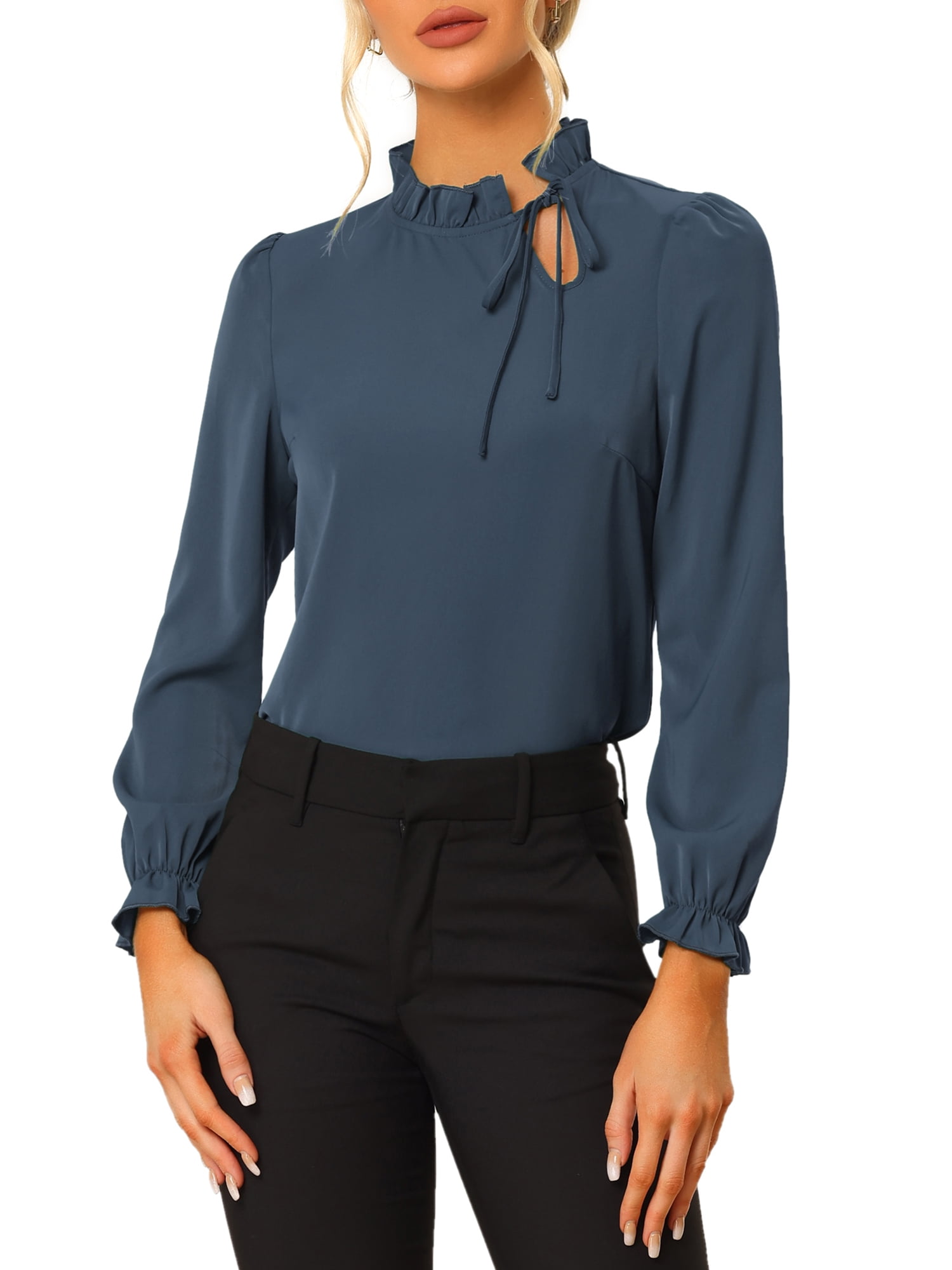 Allegra K Women's Elegant Long Sleeve Blouse Ruffle Tie Neck Business Work Top L Dark Blue ...