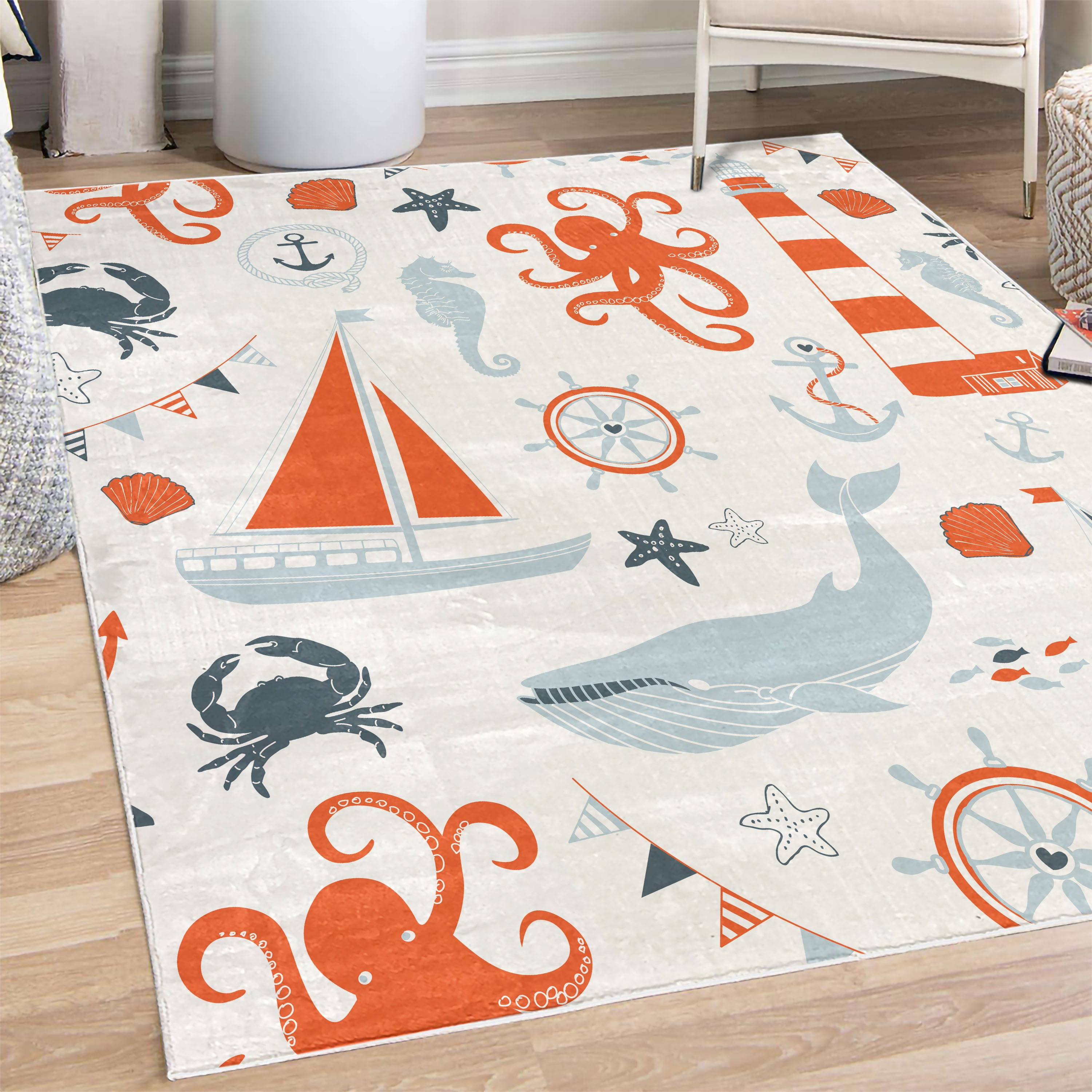 Nautical Decorative Rug, Pastel Colored Composition of Lighthouse ...