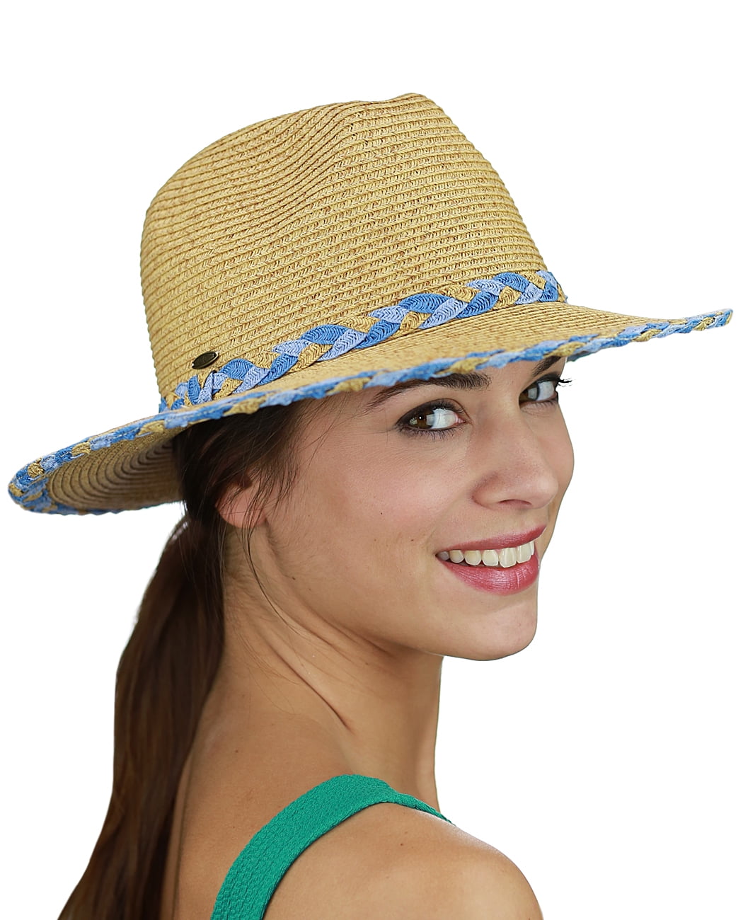 C.C Two Tone Braided Trim Paper Woven Panama Fedora Summer Sun Hat, Nat ...