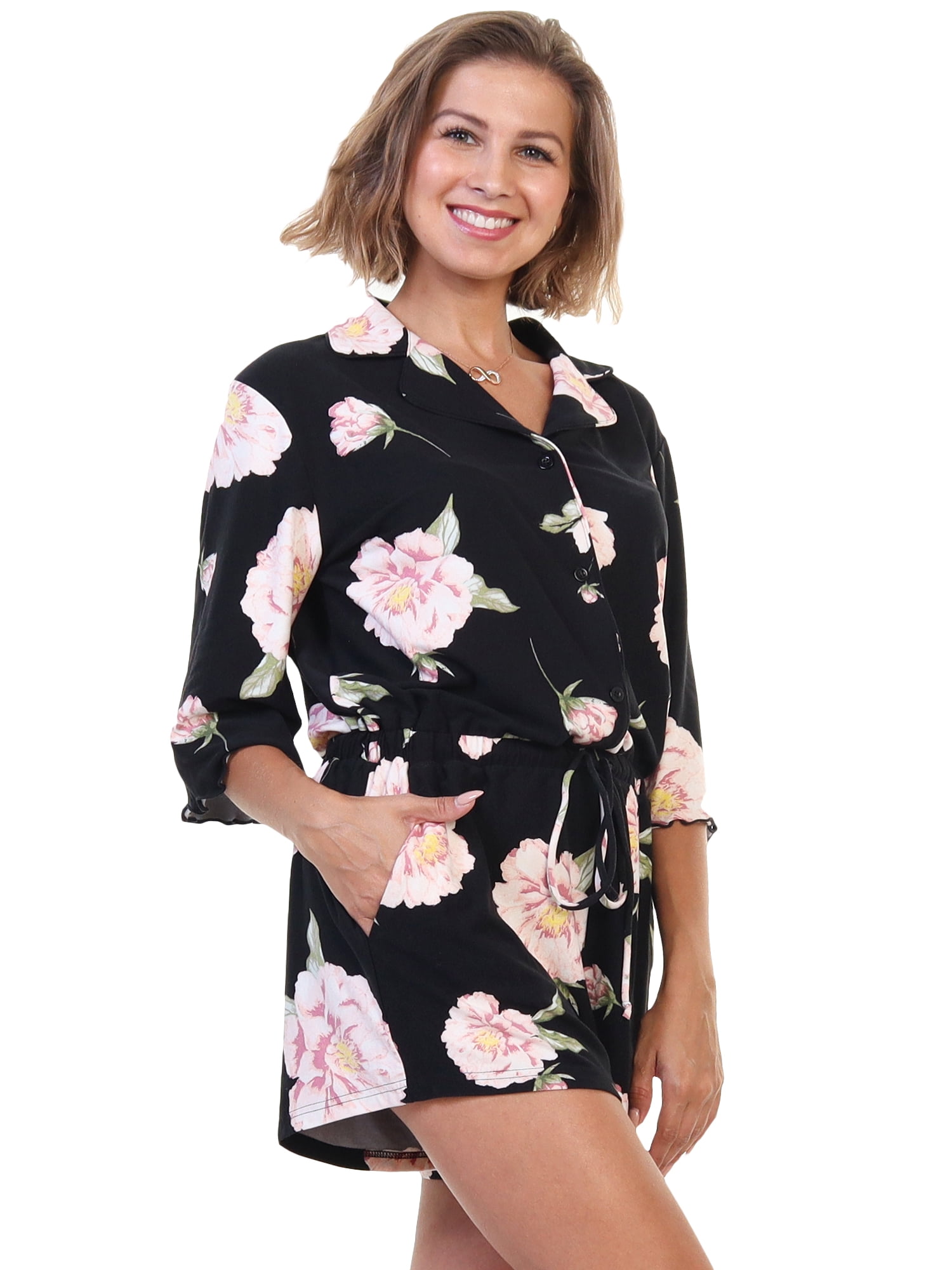 "Angelina Brushed Microfiber Quarter Sleeves Button-Down Romper ...