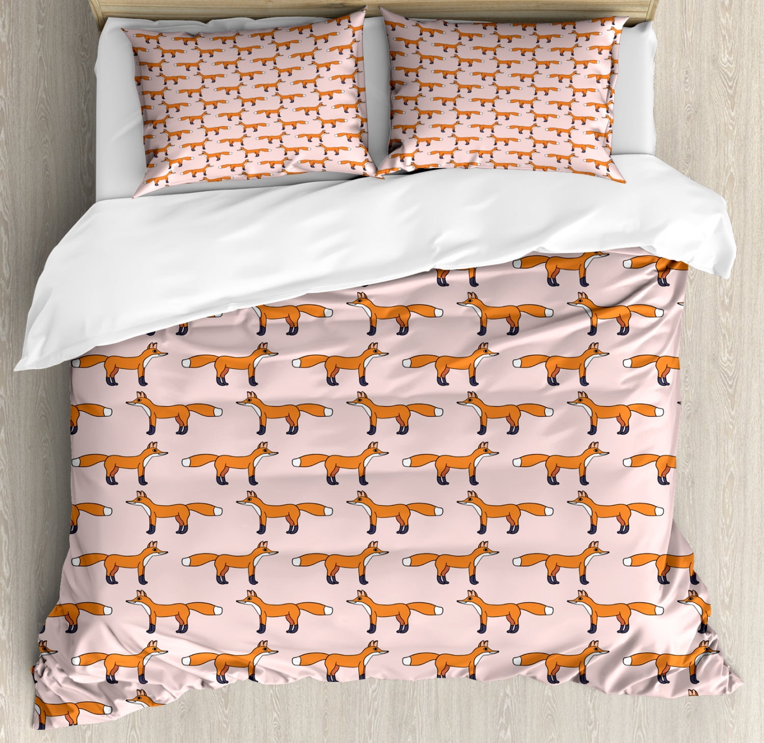 Fox Duvet Cover Set King Size, Continuous Pattern of Cartoon Smiling ...
