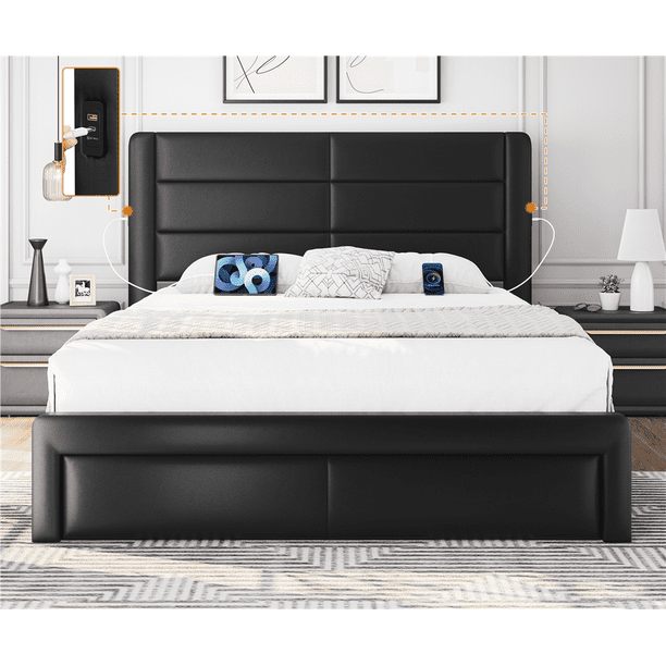 Topeakmart Queen Upholstered Leather Bed Frame with 3 Storage Drawers ...