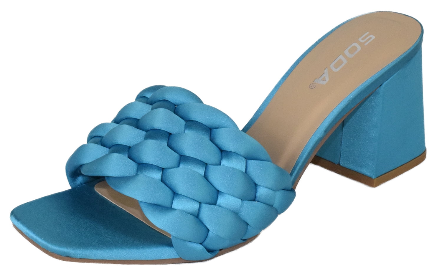 Soda Shoes Women Block High Heel Sandals Braided Band Square Toe Satin SHAUNA-S Turquoise Blue 9 ...