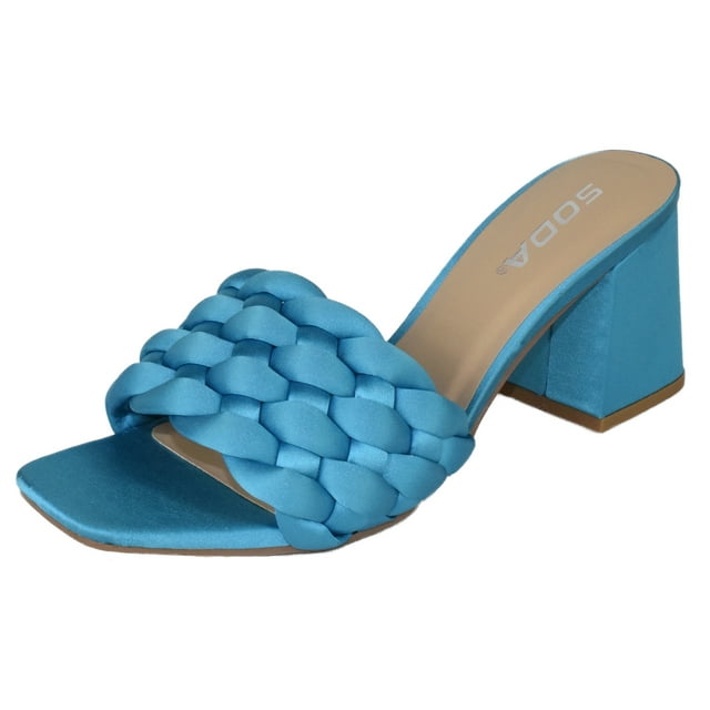 Soda Shoes Women Block High Heel Sandals Braided Band Square Toe Satin ...