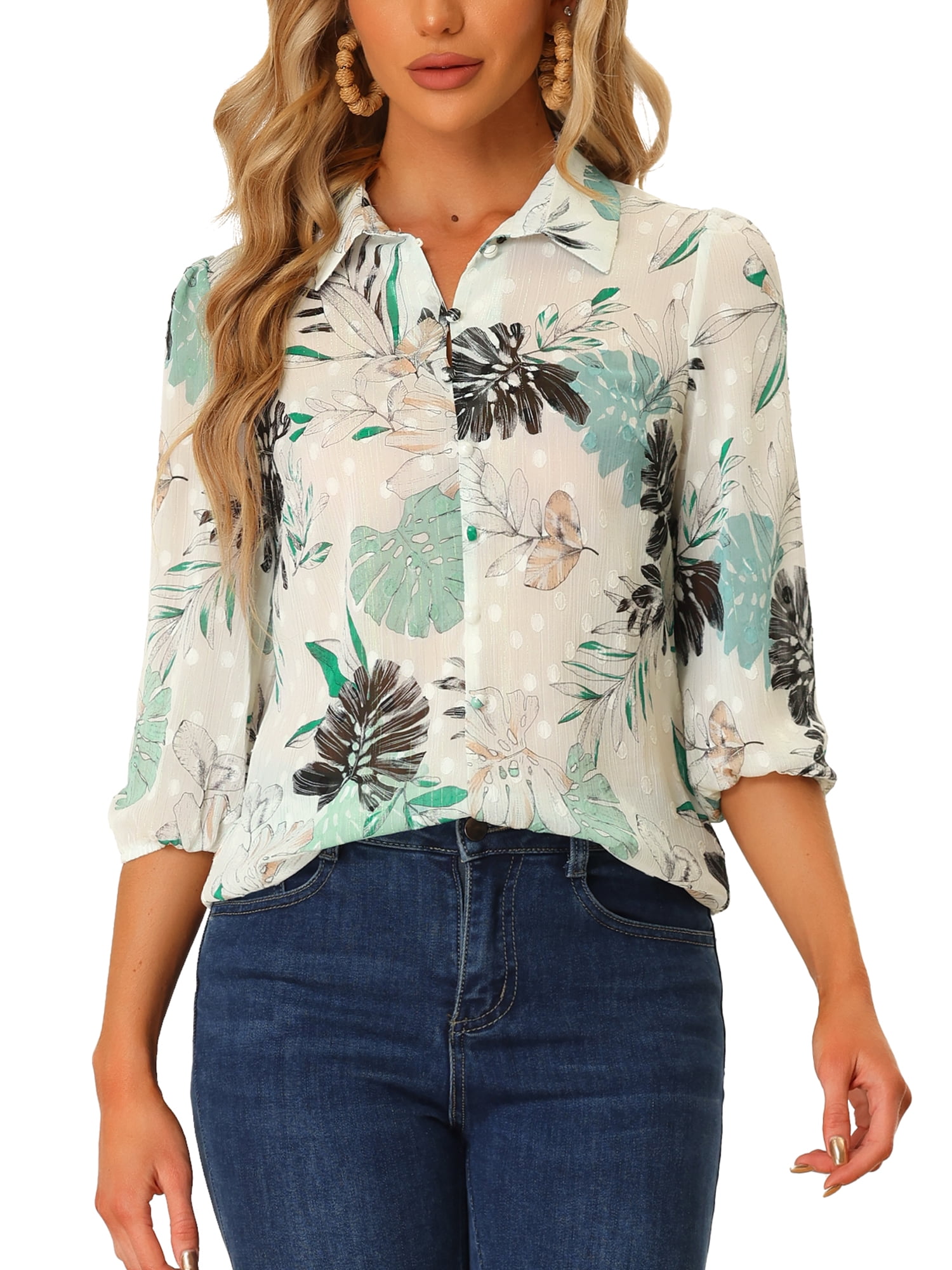 Allegra K Womens Sheer Tops Point Collared 34 Sleeves Lightweight Leaves Print Blouse