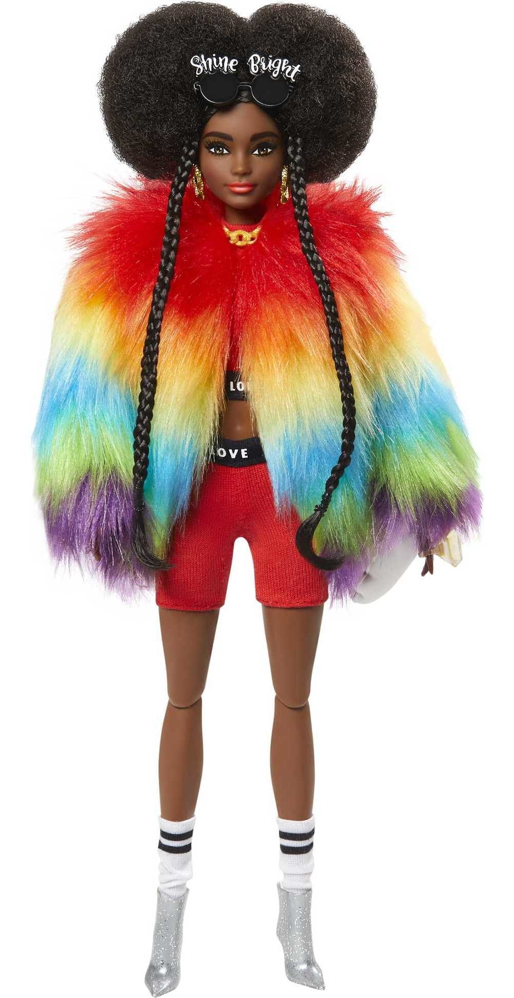 Barbie Extra Fashion Doll with Afro-Puffs in Shaggy Rainbow Coat with ...