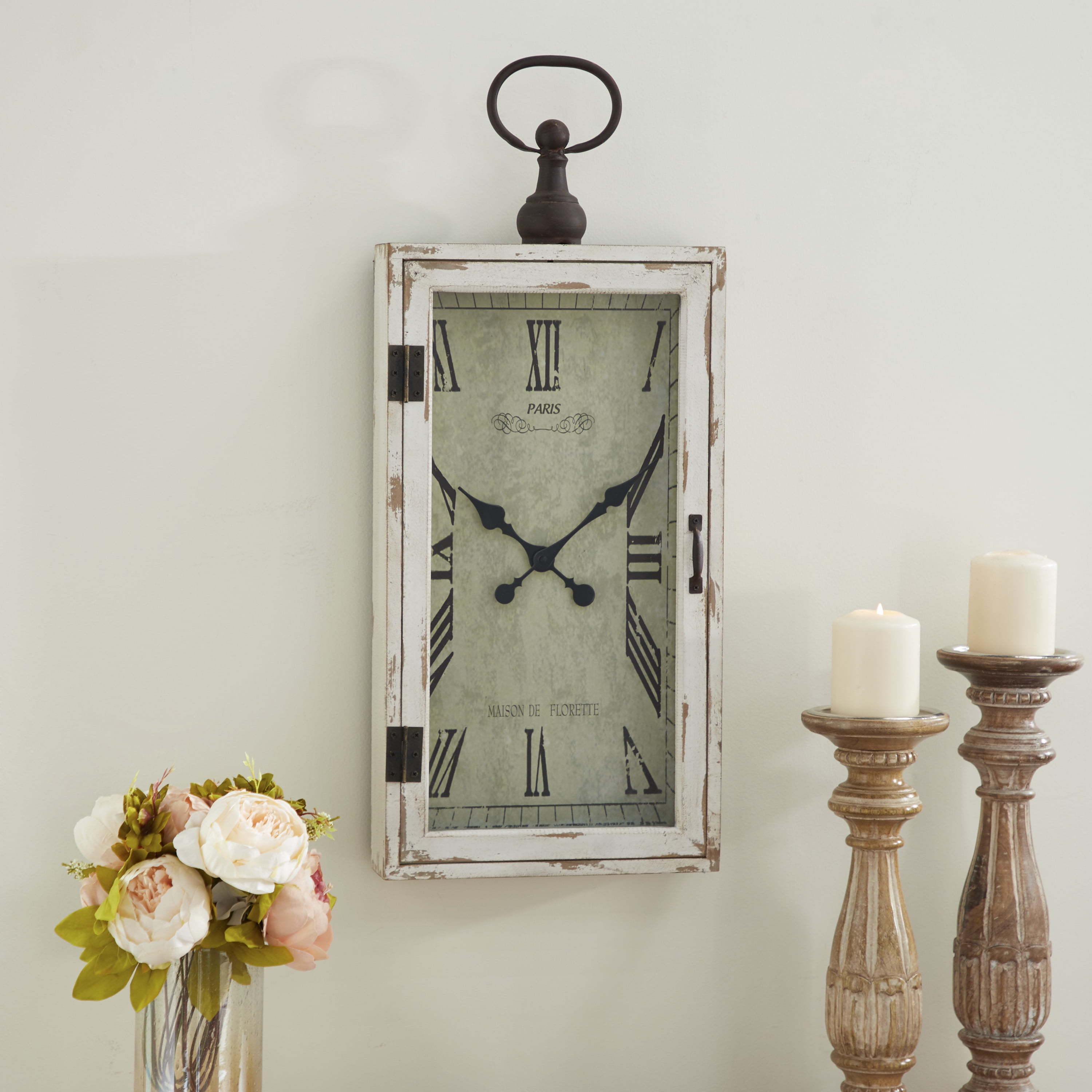 DecMode 12" x 28" White Wood Pocket Watch Style Wall Clock with Hinged ...