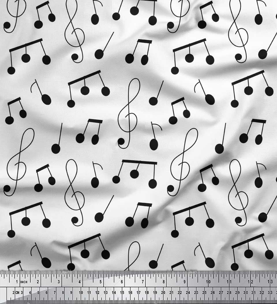 Soimoi White Heavy Satin Fabric Notes Musical Instrument Print Fabric ...