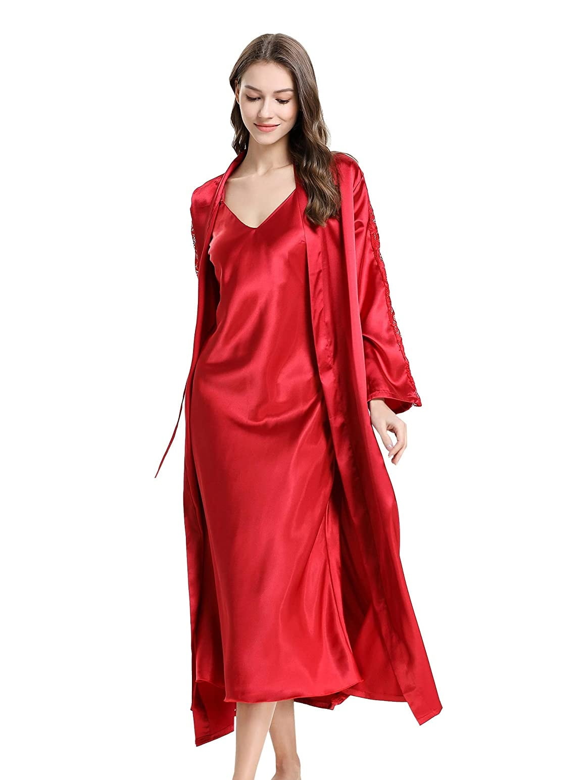 2 Piece Women Satin Nightgowns And Robe Set Sexy Silk Slip Dress