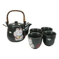 Ebros Japanese Maneki Neko Cat Black Tea Set Pot and Cups Serves 4 ...