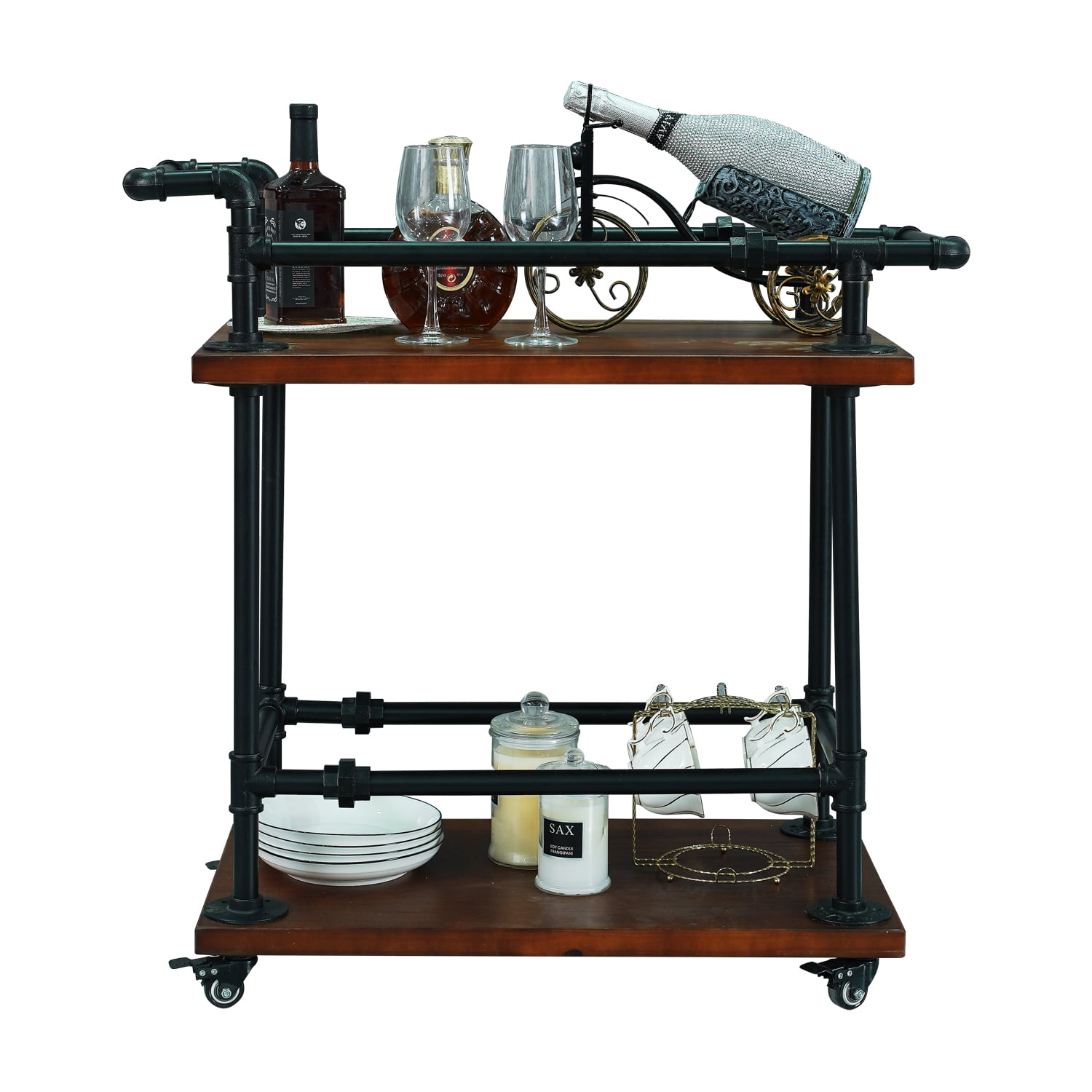 Black&Retro Brown Bar Cart, 2 Tier Mobile Mini Bar, Mid-Century Two ...