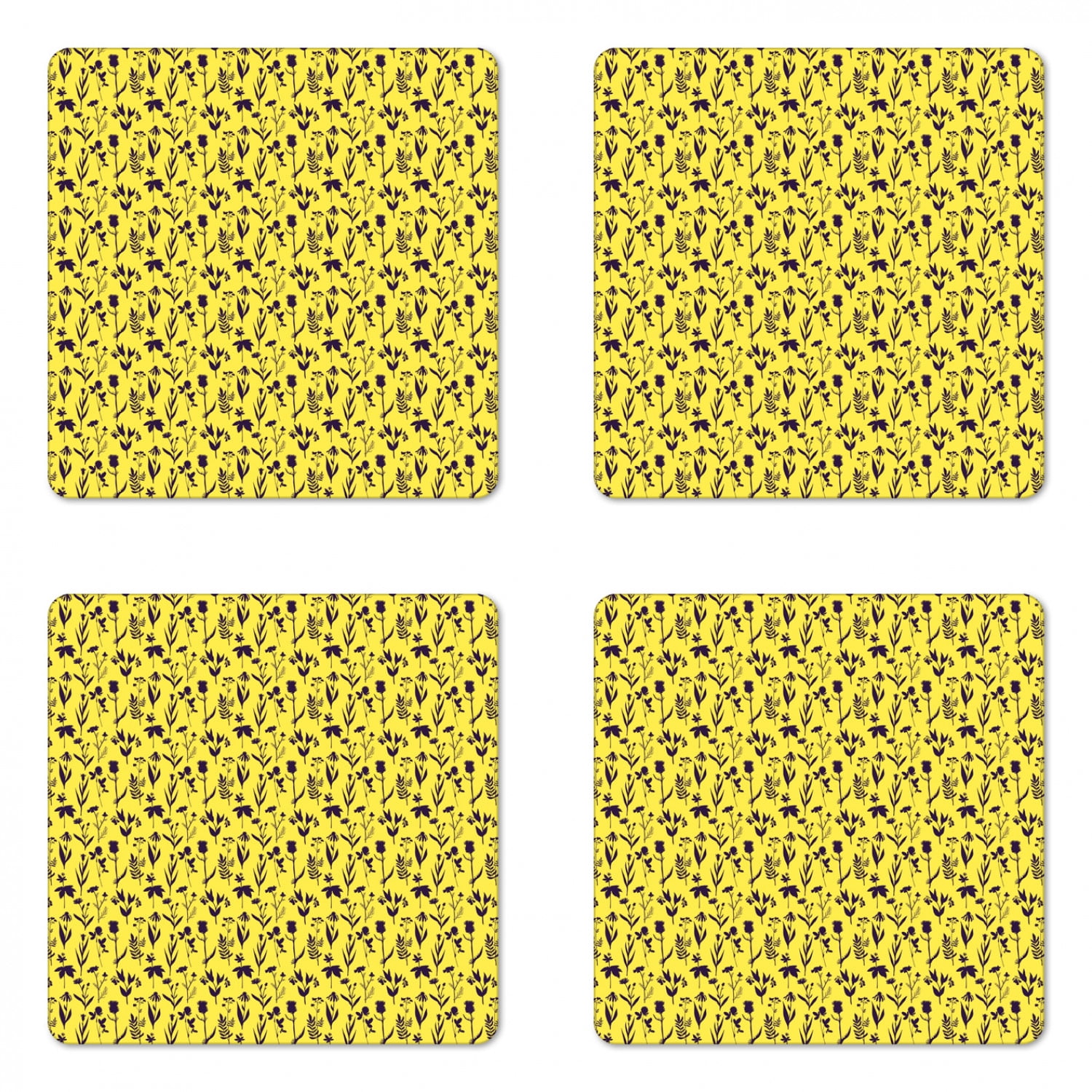 Floral Coaster Set of 4, Continuous Botanical Pattern of Silhouettes ...