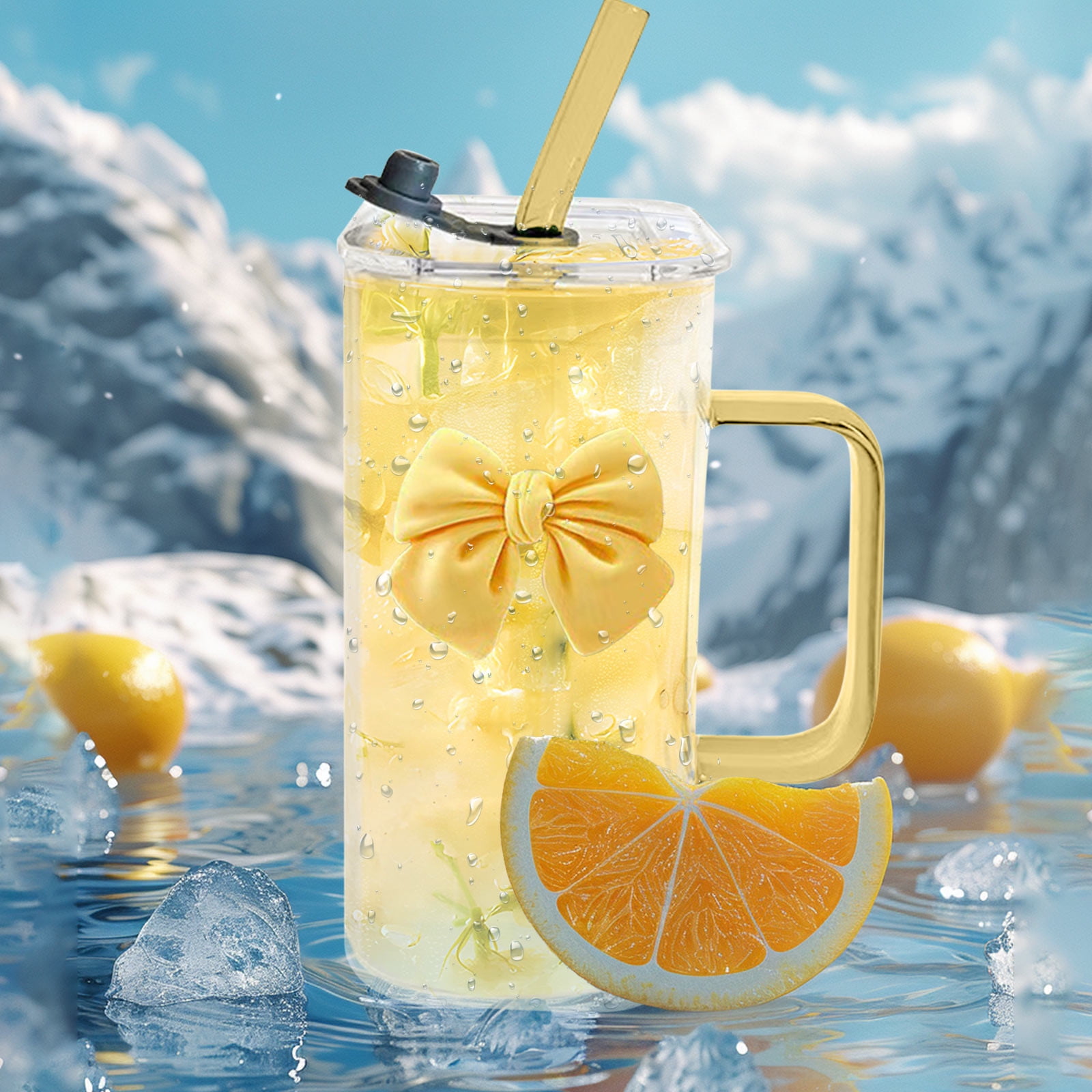 Vaso cuadrado de vidrio transparente con asa de nudo y pajilla | Diseño ...