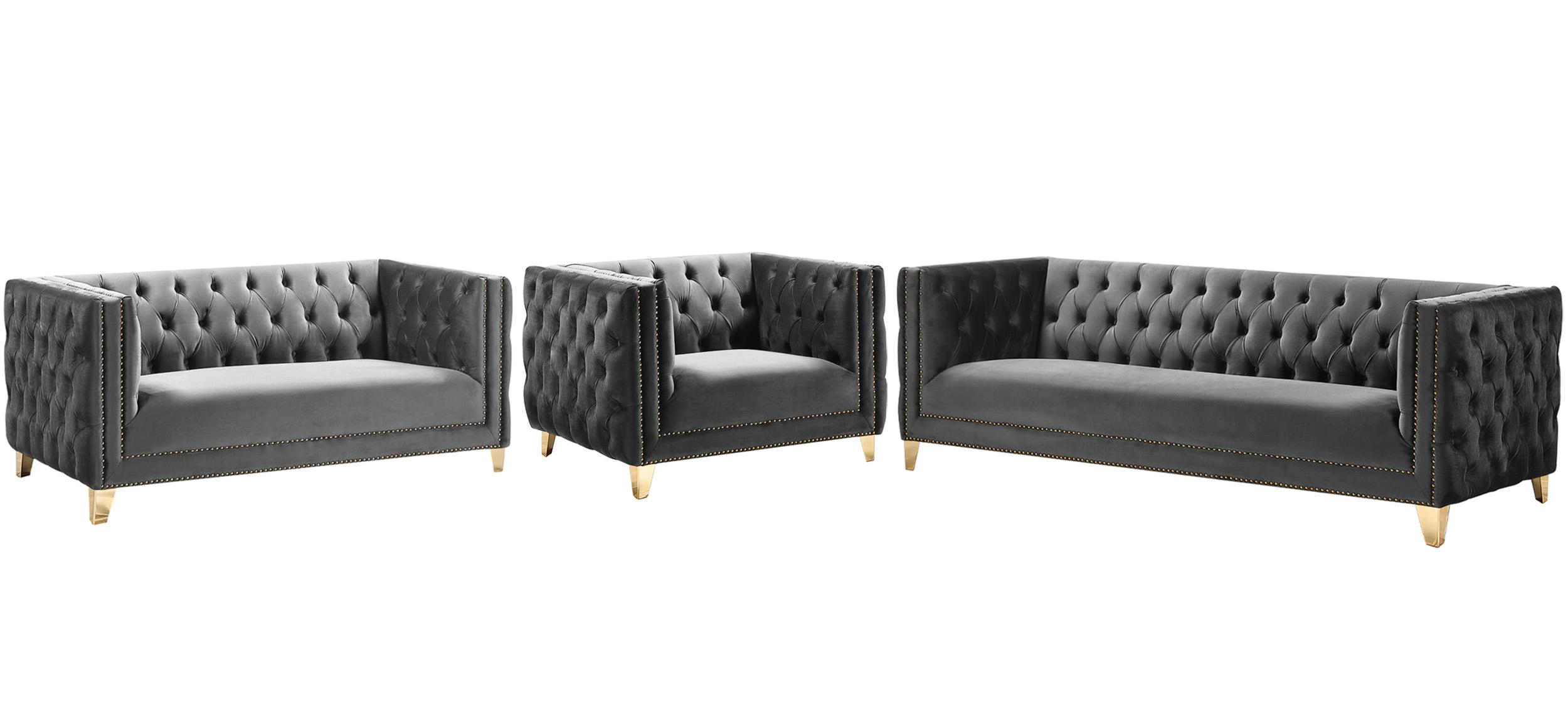 Glam Grey Velvet Tufted Sofa Set 3Pcs MICHELLE Meridian Contemporary ...