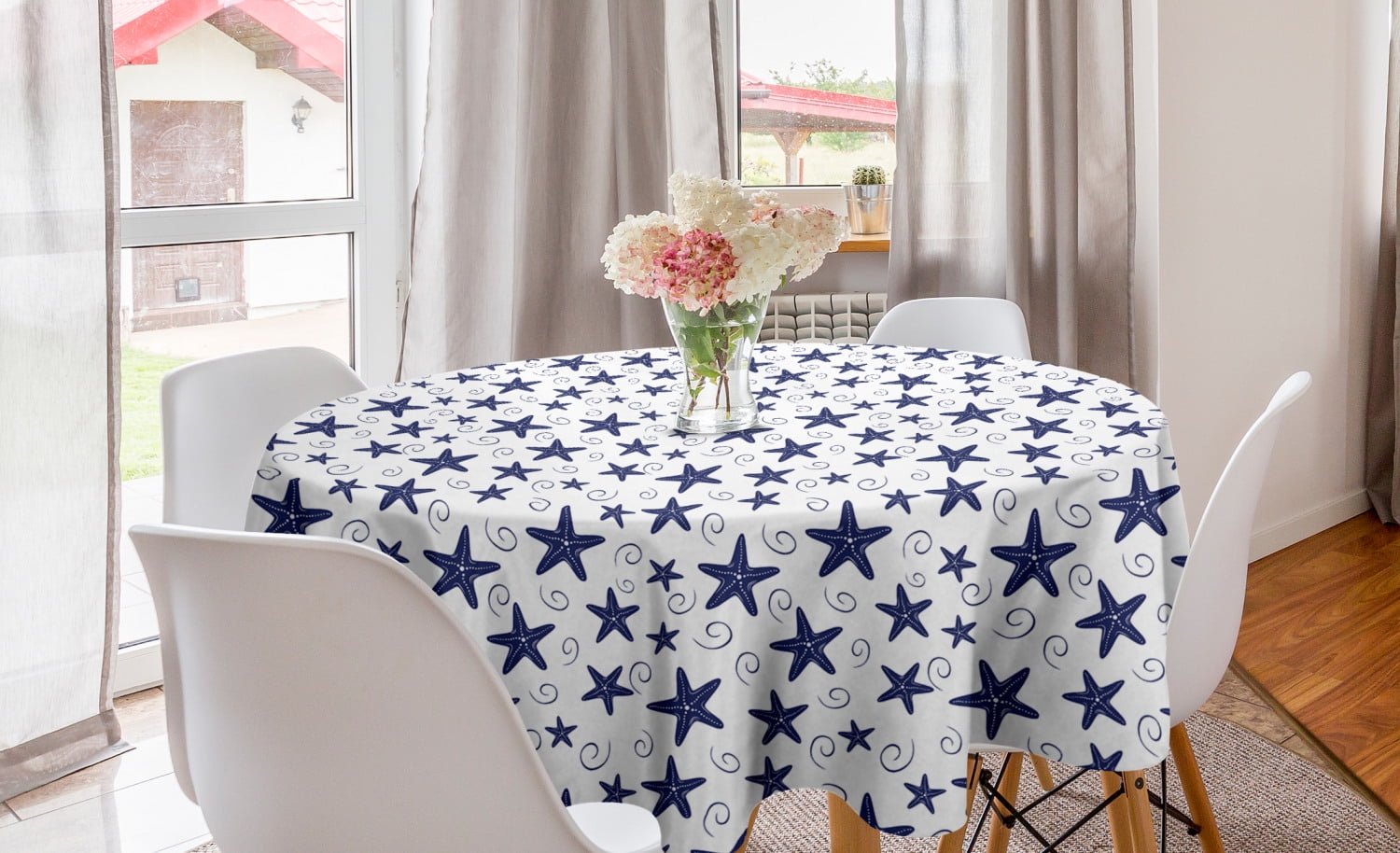 Nautical Round Tablecloth, Repetitive Pattern with Starfish and Curls ...