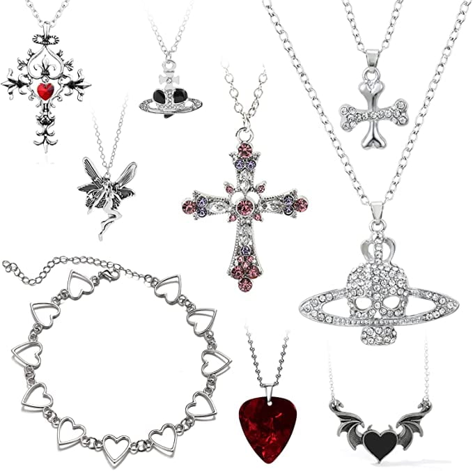 9Pcs Gothic Grunge Necklace Set Goth Punk Rock Vintage Harajuku Silver ...