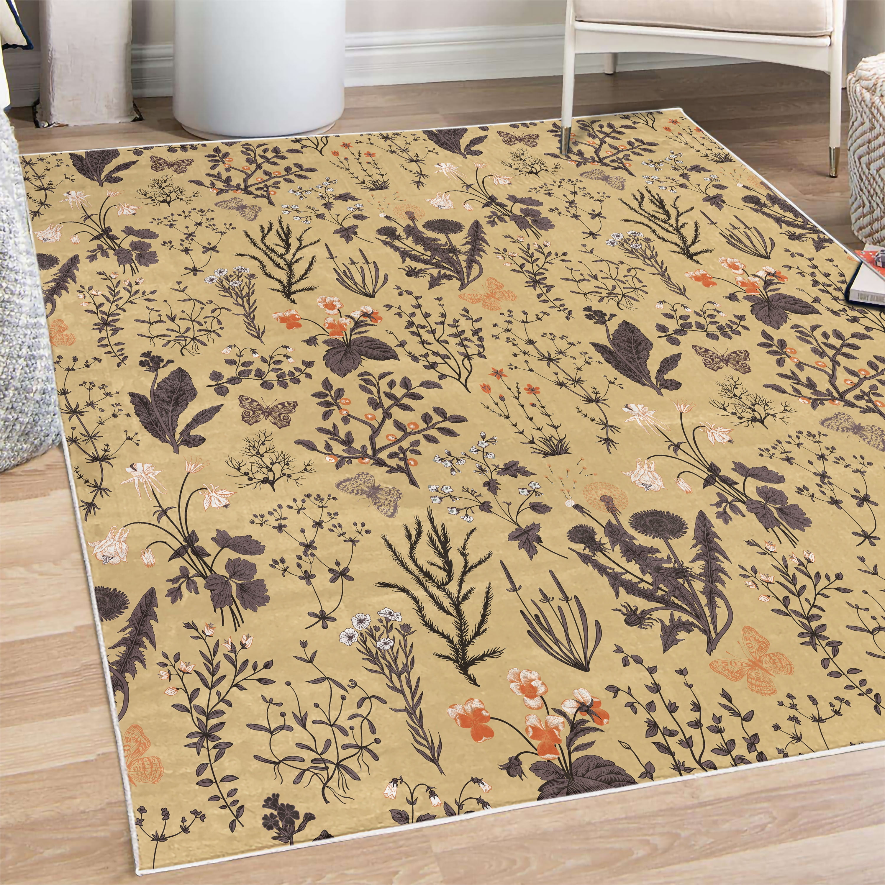 Floral Decorative Rug, Vintage Garden Plants Herbs Flowers Botanical ...