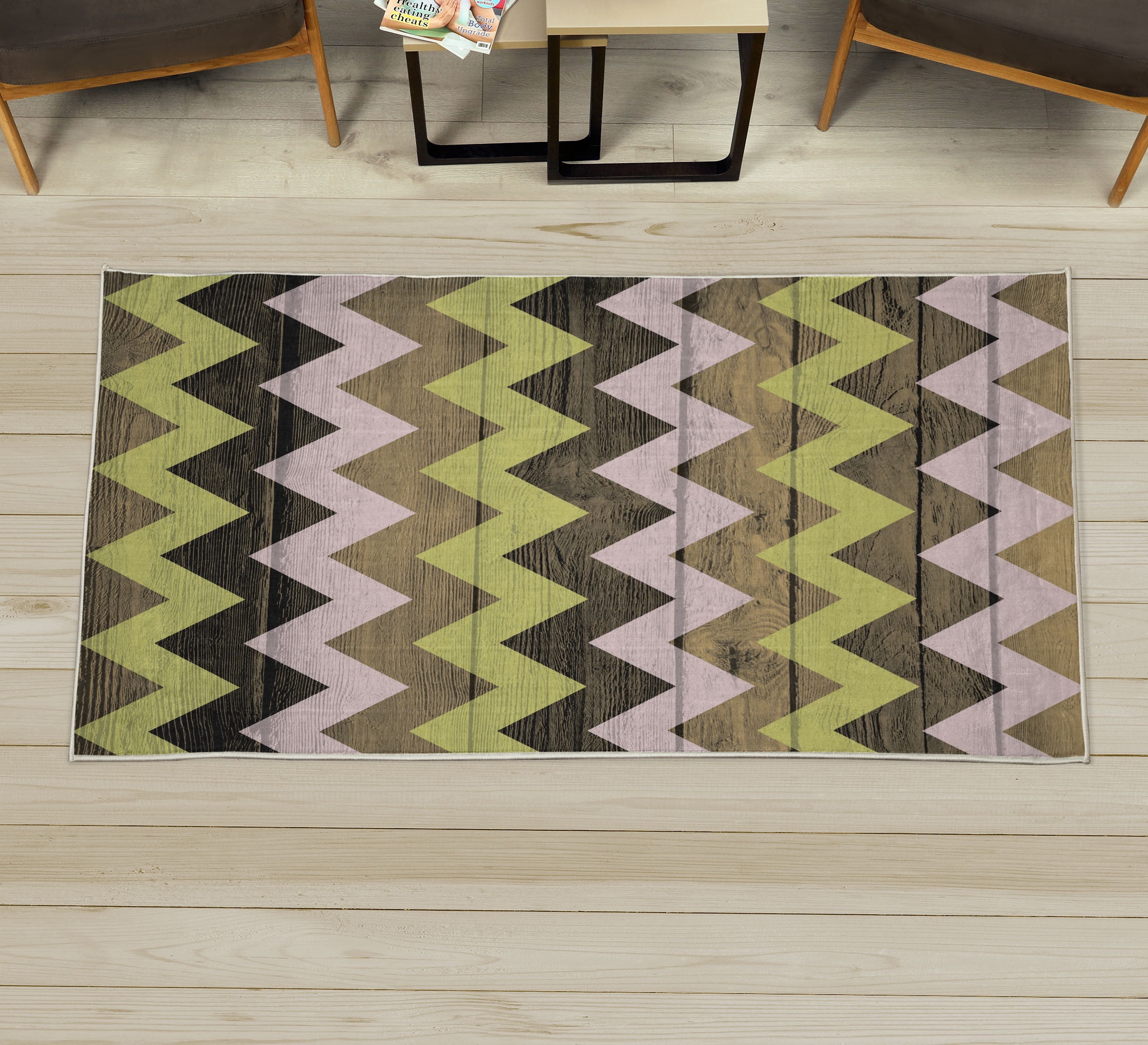 Chevron Decorative Rug, Zig Zag Lines Pattern on Wooden Looking ...