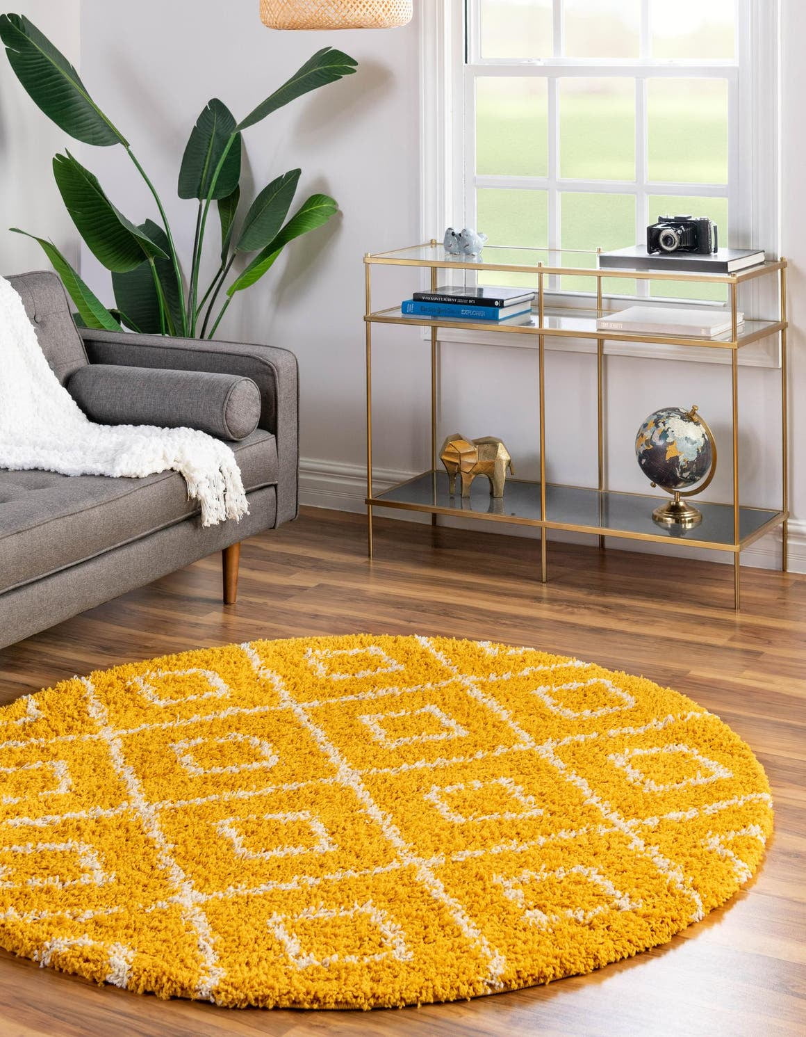 Unique Loom Ruth Trellis Shag Rug ,Round,5' 3" x 5' 3" Yellow Modern ...