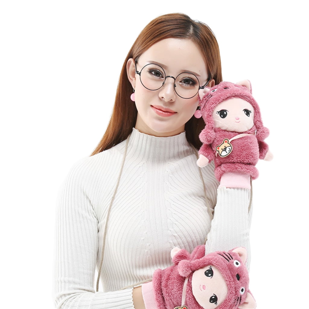 OOKWE Women Cartoon Chinchilla Embroidery Fuzzy Plush Gloves with ...