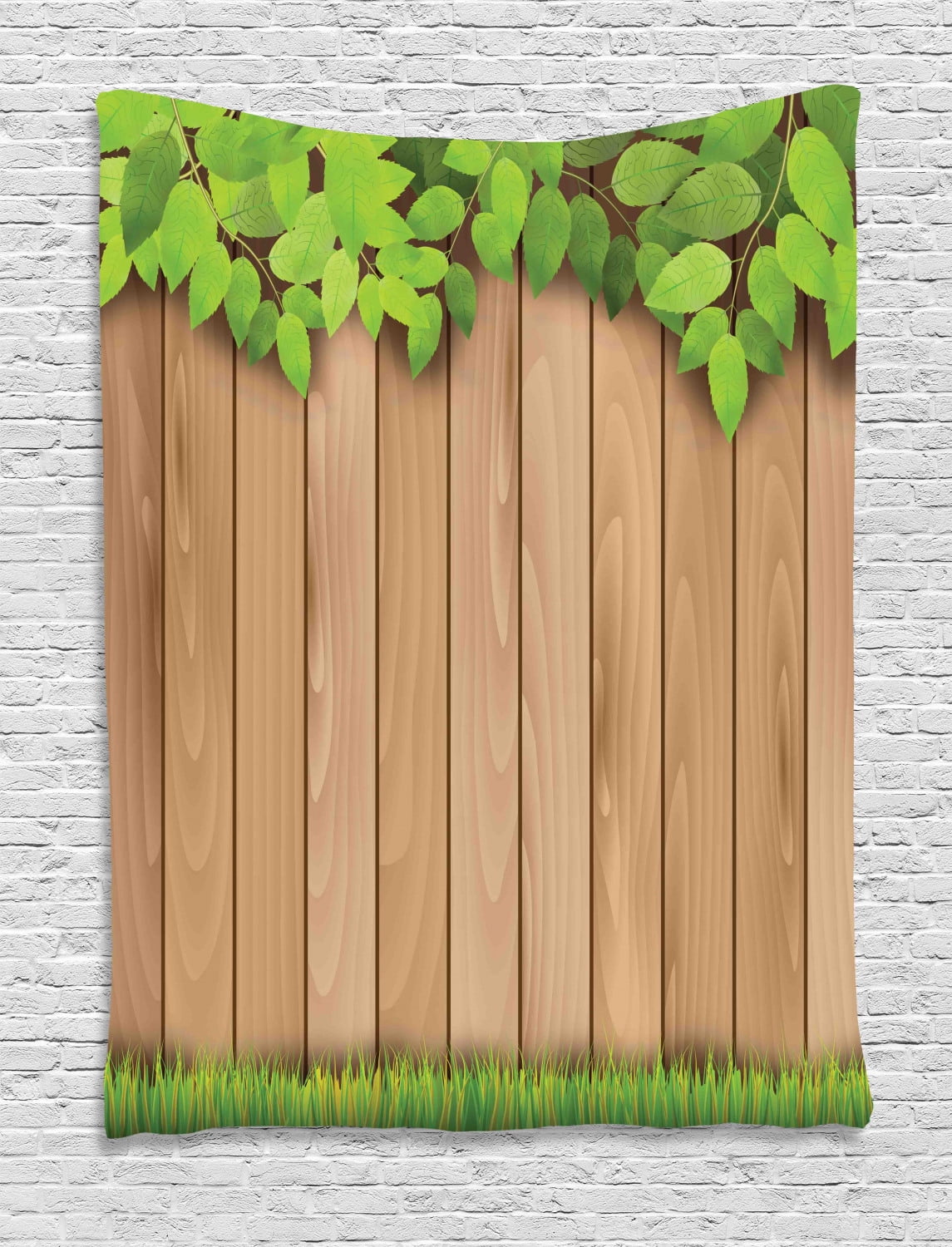 Fence Tapestry, Wooden Fence Grass and Tree Branch Leaf Environment ...