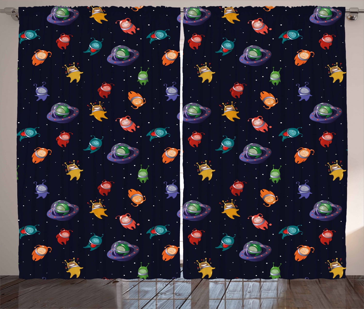 Space Curtains 2 Panels Set, Aliens with Various Expressions Happy Sad ...