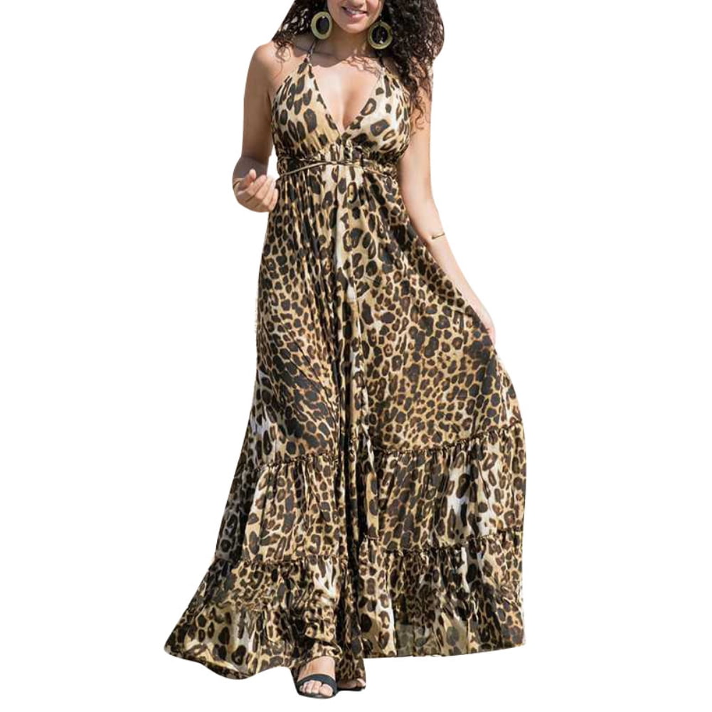Howd Summer Beach Women Deep V Spaghetti Strap Leopard Print Backless