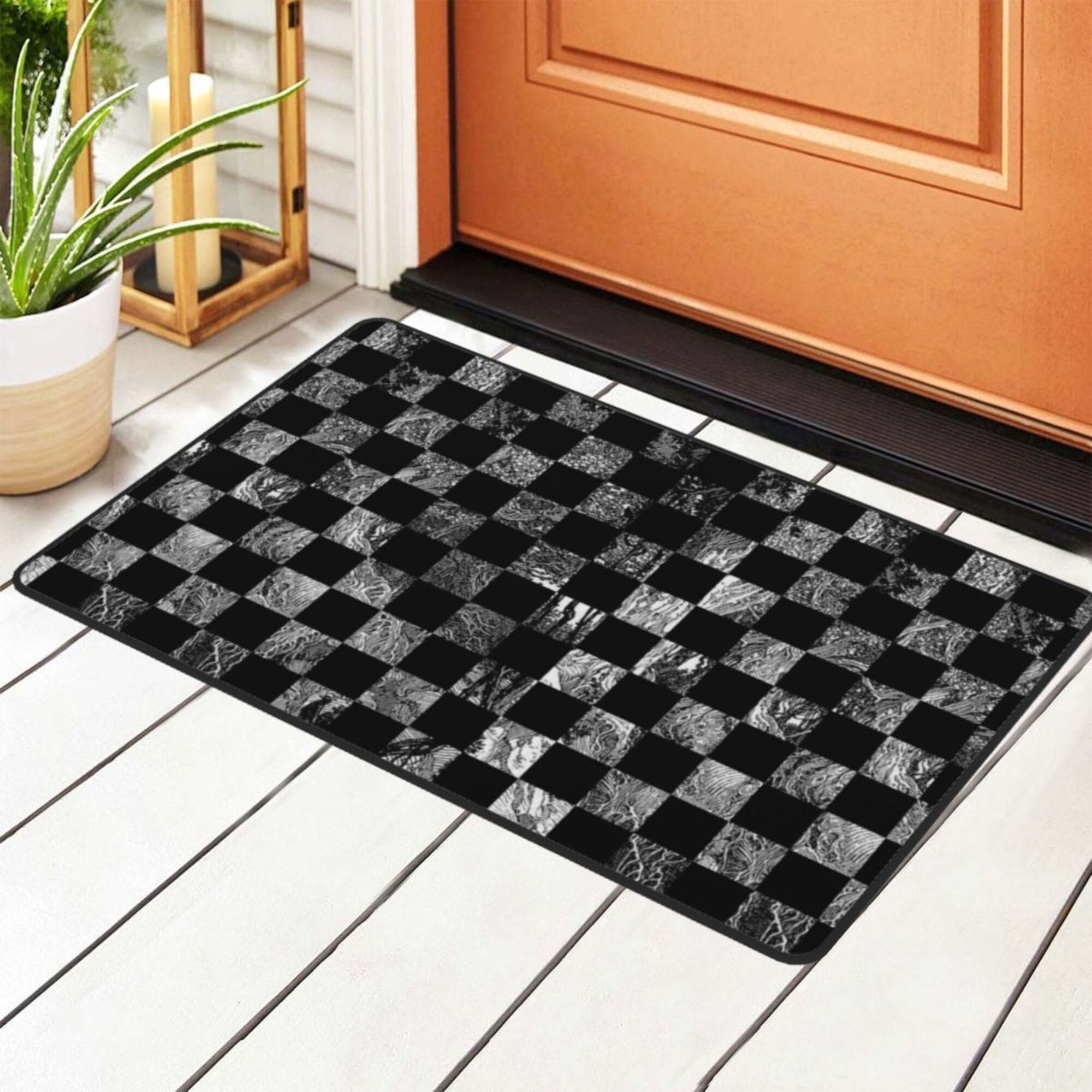 DouZhe Black and White Plaid Rugs Doormat, Non-Slip Machine Washable ...