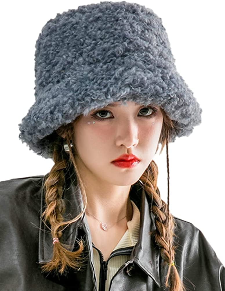 CoCopeaunts Winter Faux Fur Bucket Hat Sherpa Fisherman Hat Solid Color ...