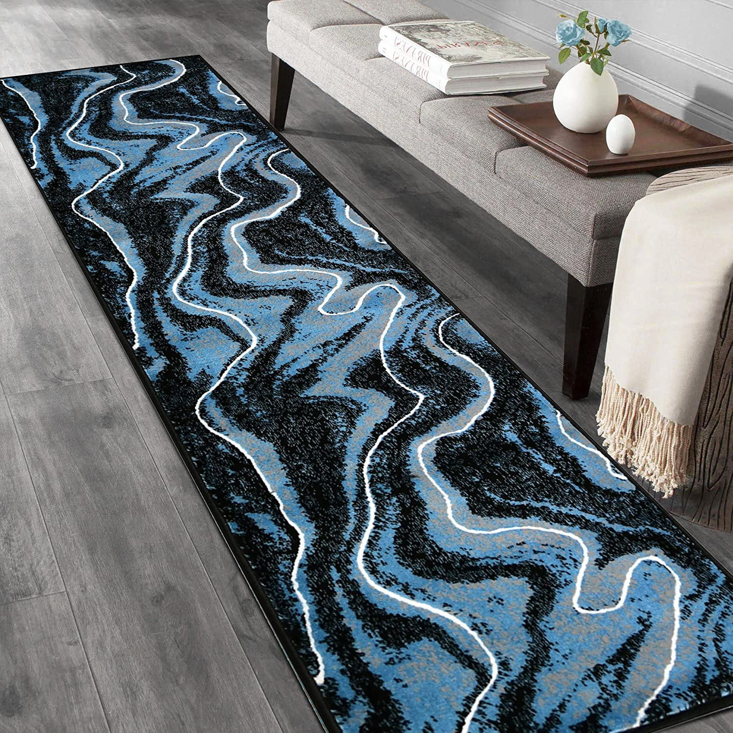 HR Blue Grey Black Modern Contemporary Abstract Area Rugs Marble ...