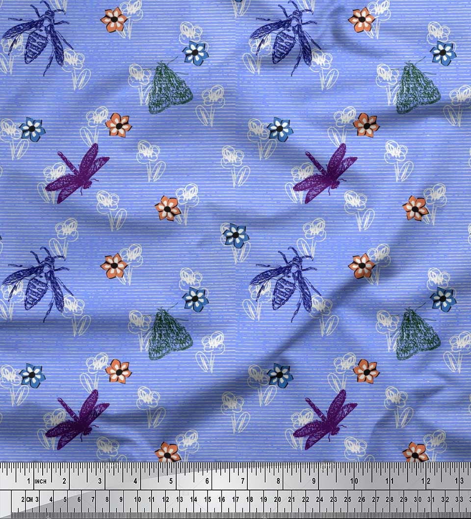 Soimoi Satin Silk Fabric Floral,Moth & Dragonfly Insects Print Sewing ...