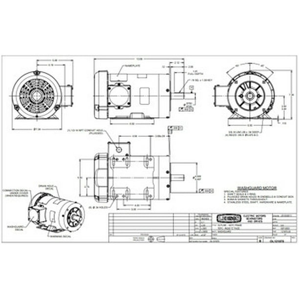 3 hp 3450 RPM 145TC Frame TEFC 208-230/460 Volts Wash Down Duty Leeson ...