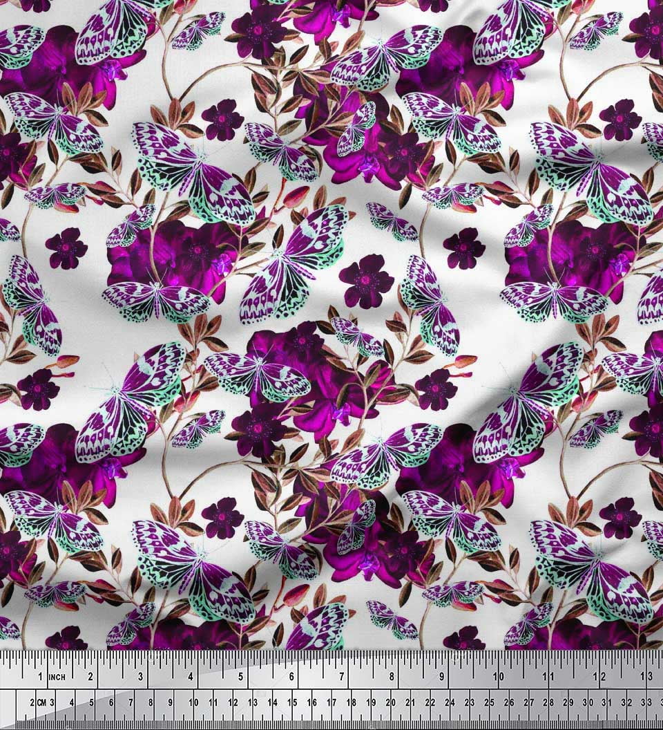 Soimoi Purple Japan Crepe Satin Fabric Insect & Orchid Flower Print ...