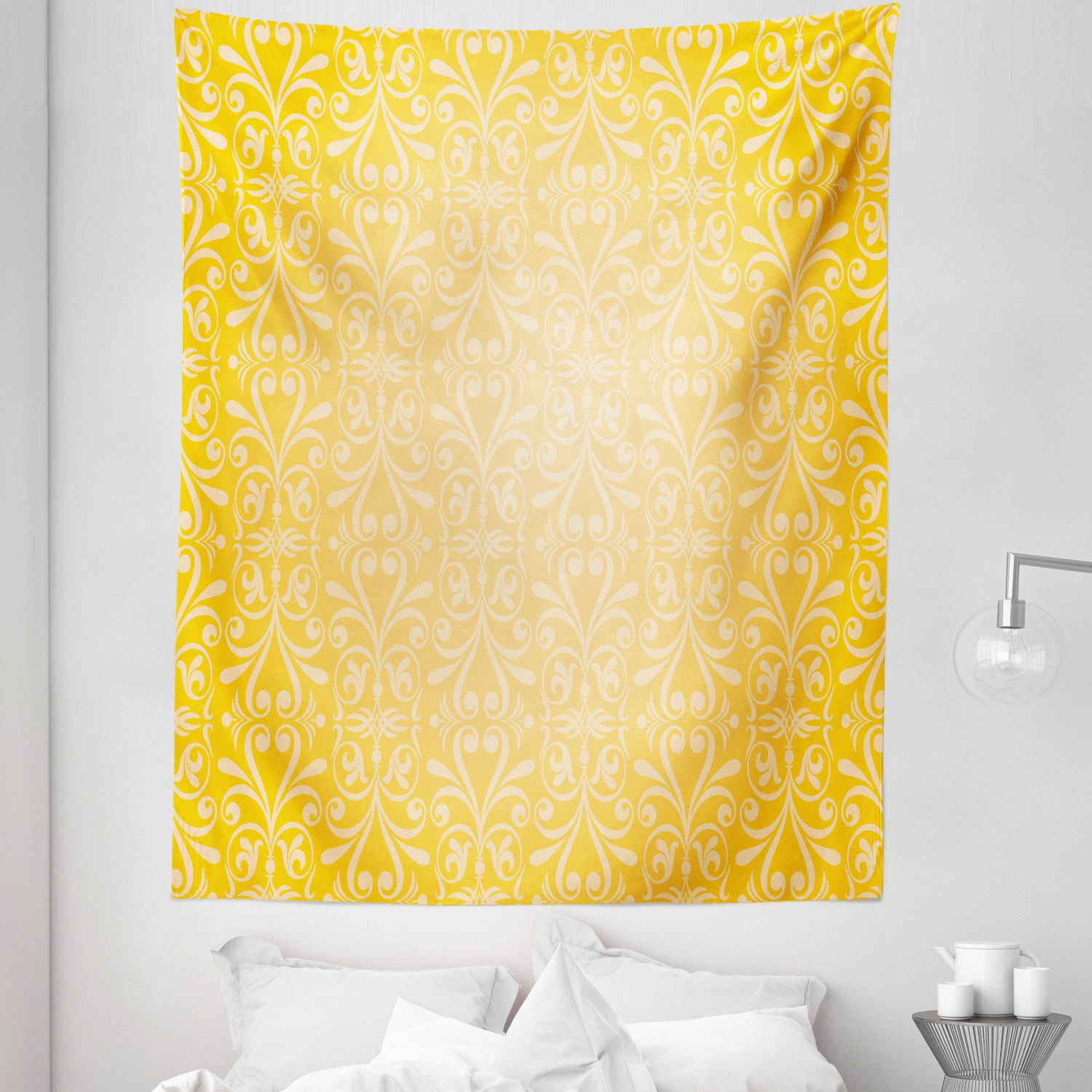 Yellow Tapestry, Diagonal Swirling Ornate Victorian Damask Patterns on ...