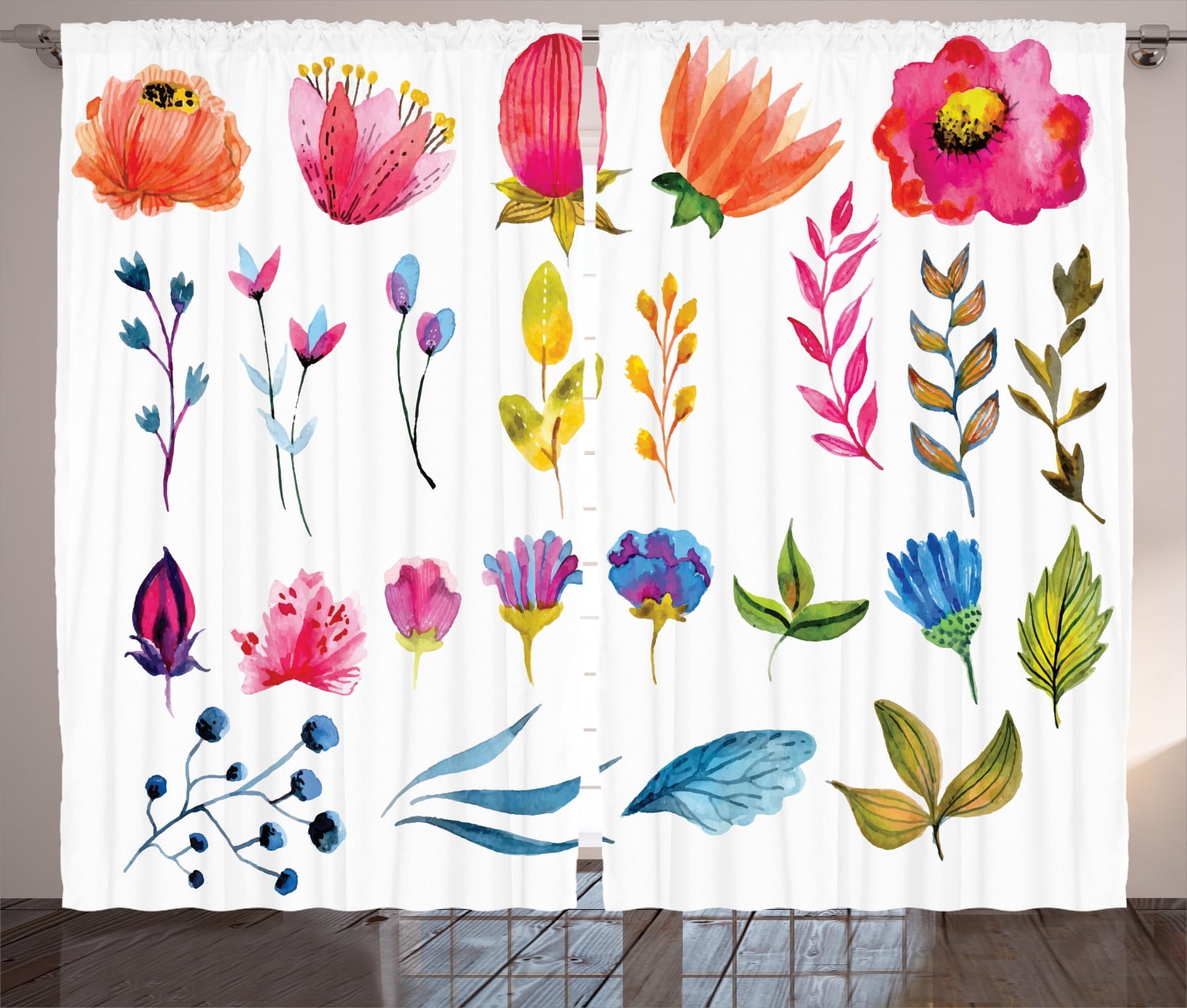 Flower Curtains 2 Panels Set, Watercolor Style Flowers Tulips Roses ...
