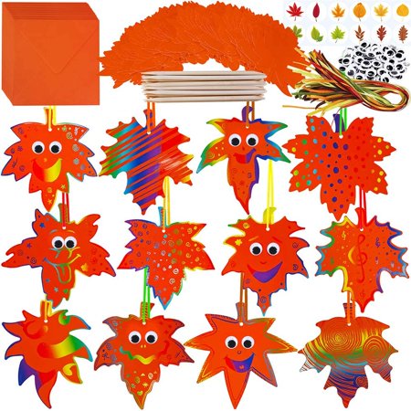 72 Sets Magic Color Scratch Fall Leaf Ornaments Craft Kit Scratch Art ...