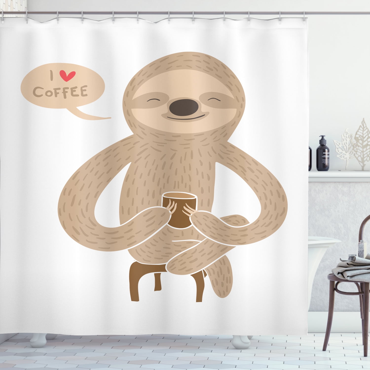 Smile Shower Curtain, I Love Coffee Speech Bubble and a Sloth Holding a ...