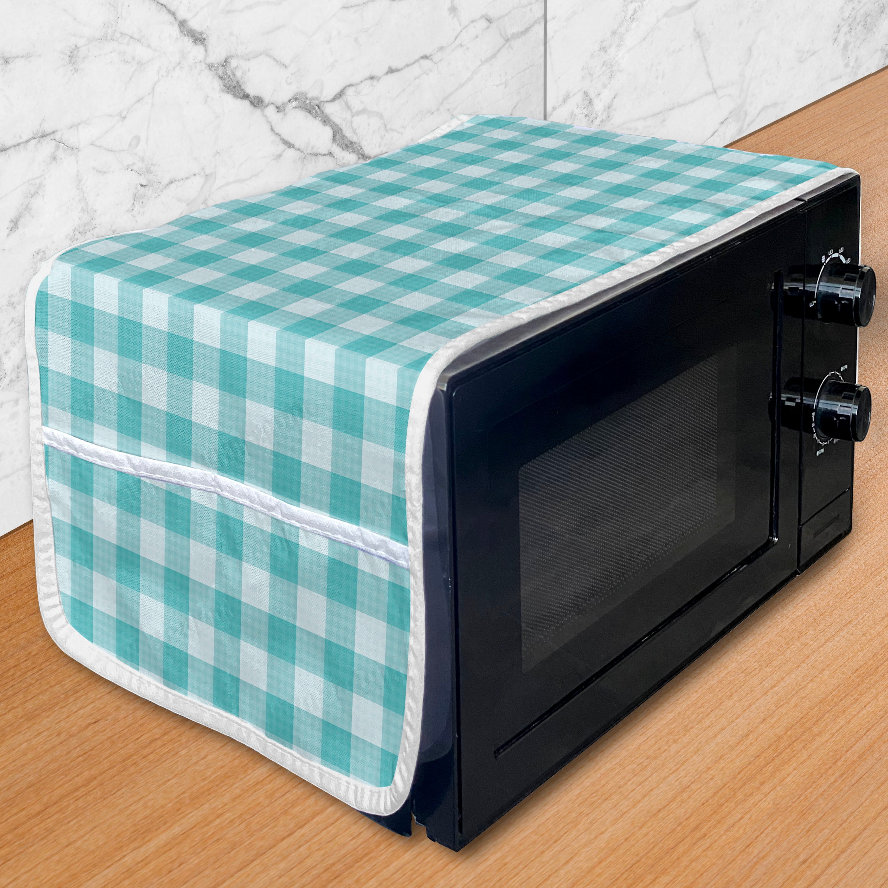 Turquoise Blue Microwave Oven Cover, Geometric Art Simplistic Checkered ...