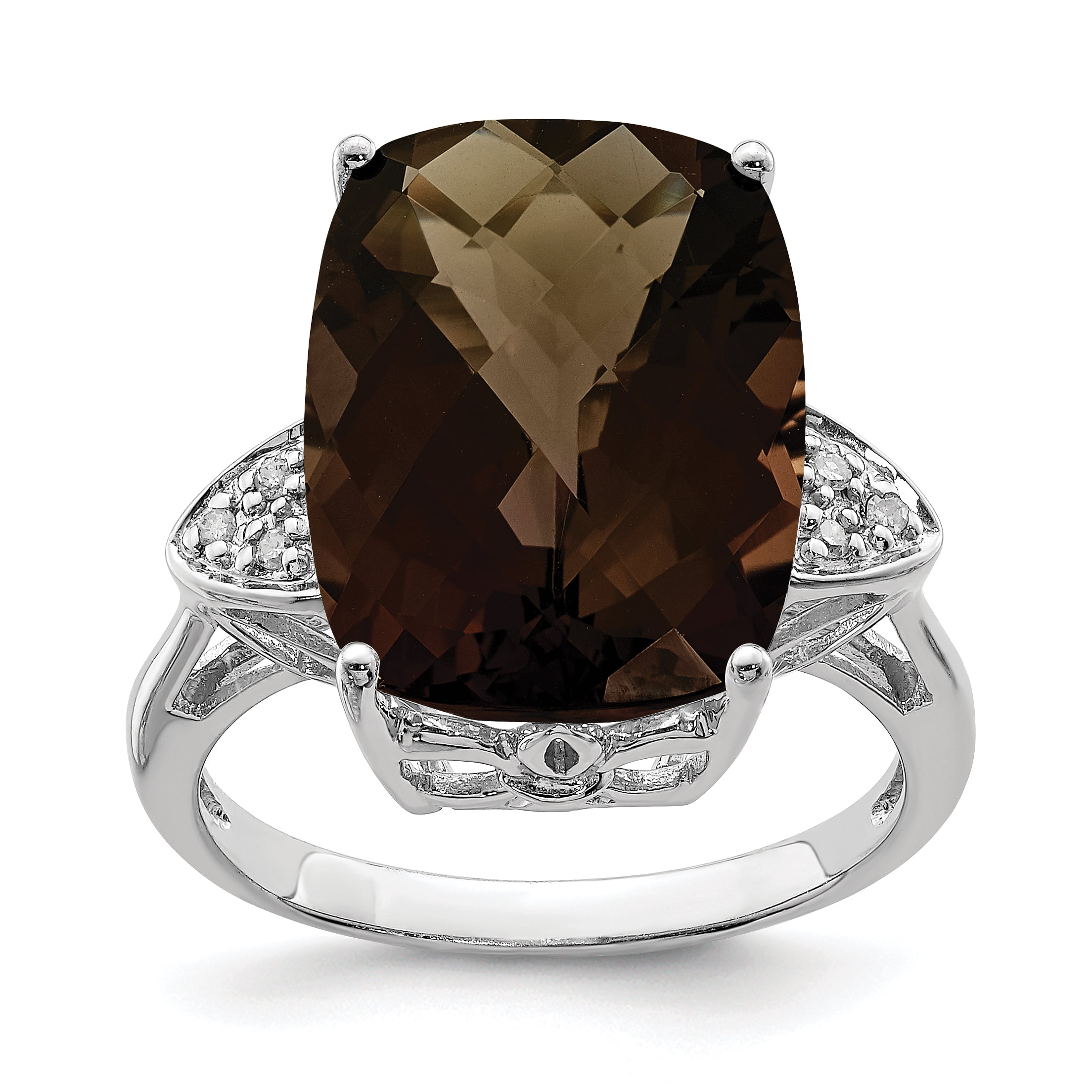 Sterling Silver Rhodium Checker-Cut Smoky Quartz & Diamond Ring ...