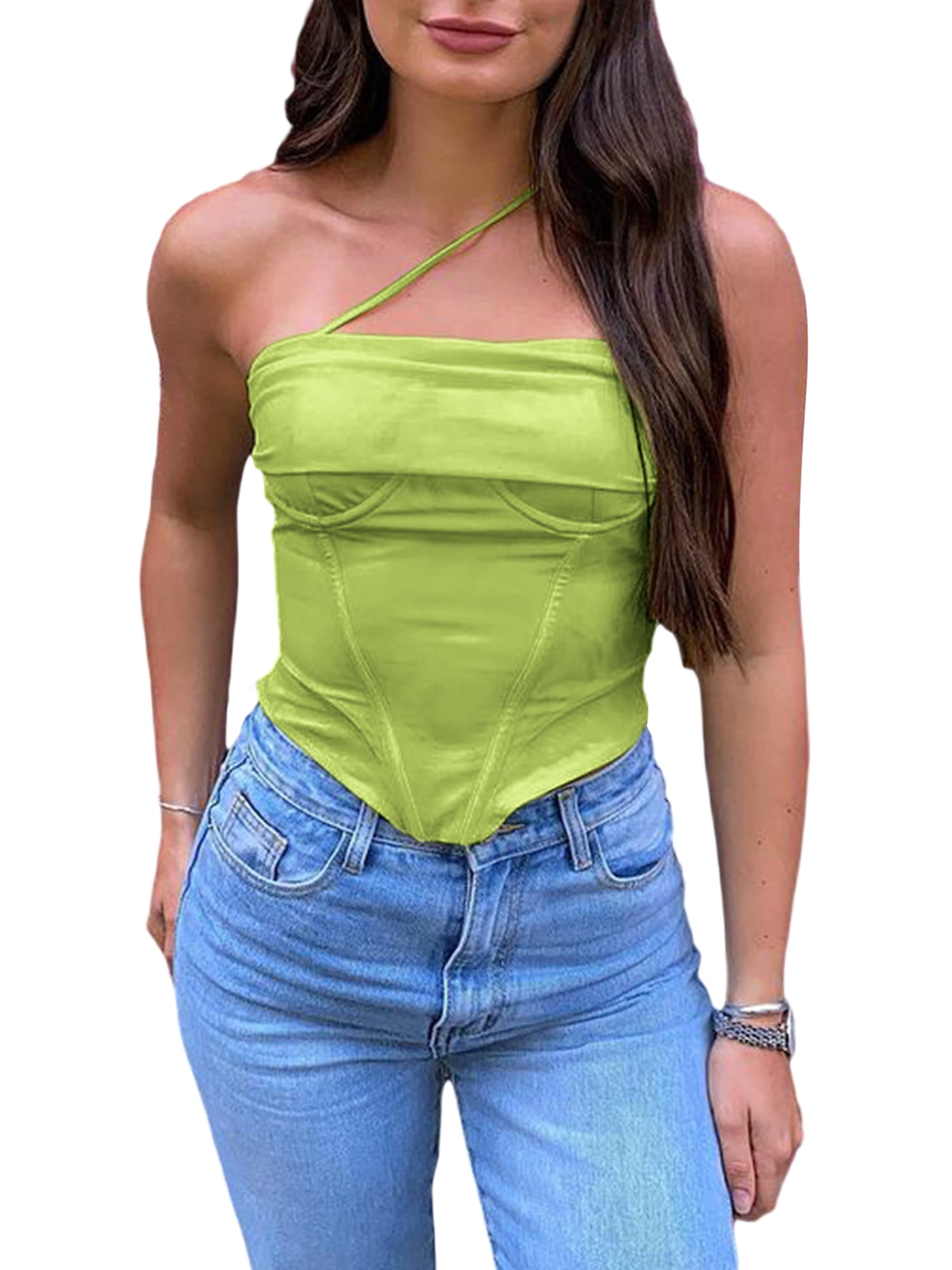 Tsseiatte Women Corset Crop Tops One Shoulder Sleeveless Solid Color