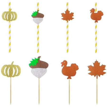 8 Pcs Cake Toppers and Straws Thanksgiving Day Themed Straws and ...