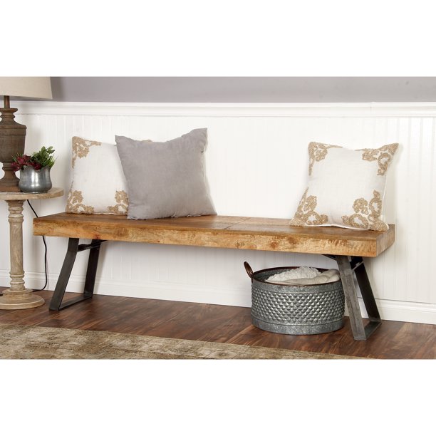 DecMode Industrial Wood Rectangular Bench with Light Brown Finish, 63"W ...
