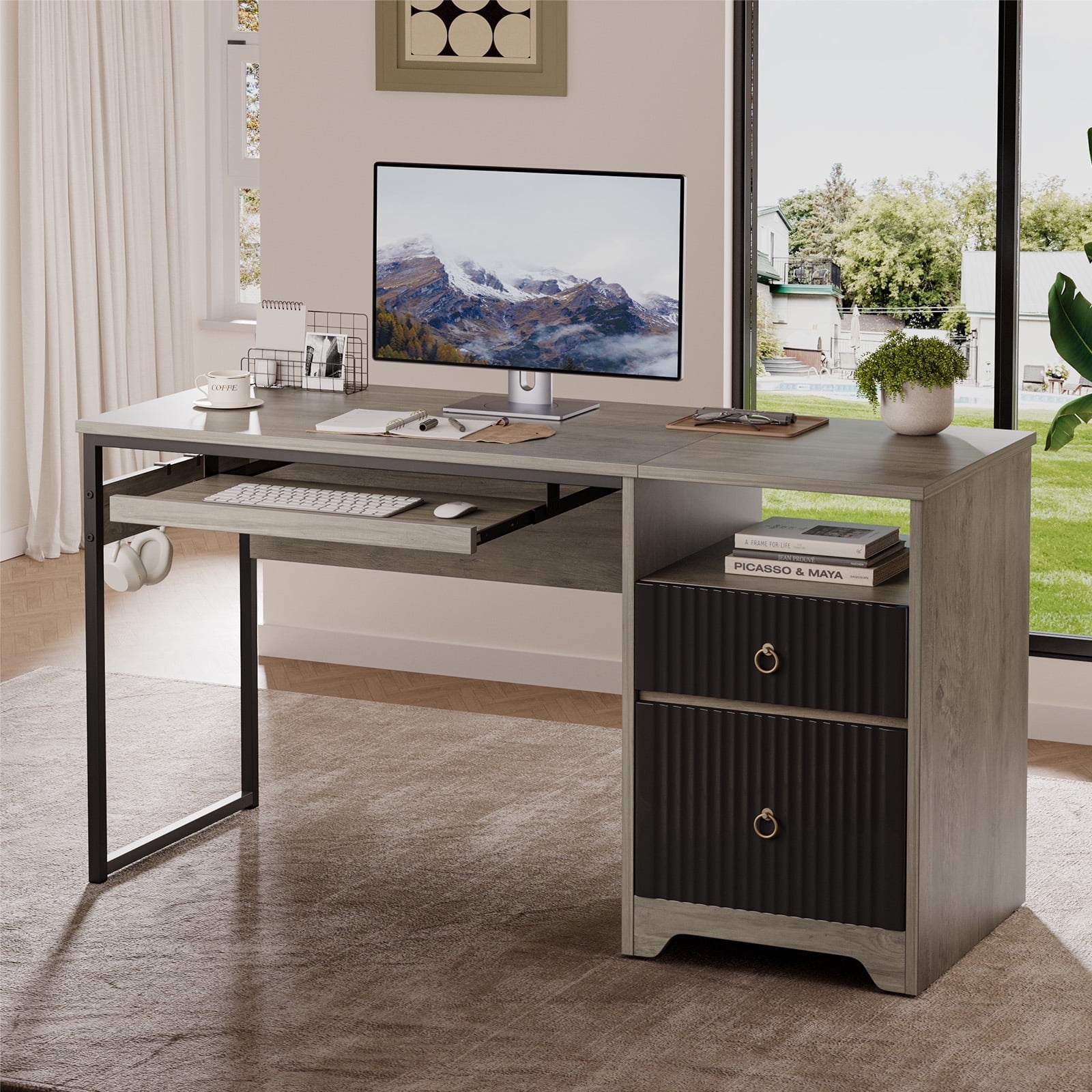Bestier 55 Inch Office Desk with Drawers, Keyboard Tray, 2 Hooks ...