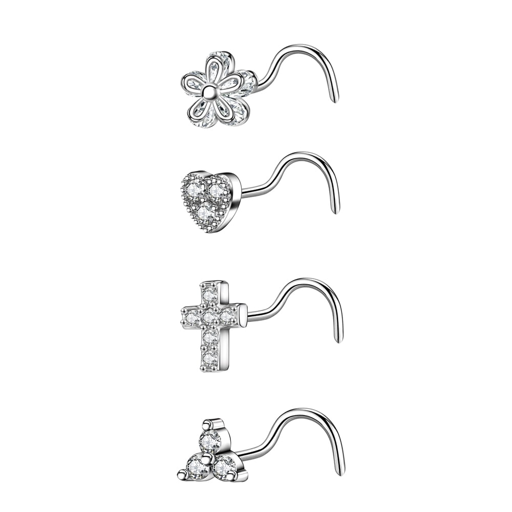 ZS 20G 4Pcs CZ Nose Studs Cross Heart Flower Corkscrew Nose Rings ...